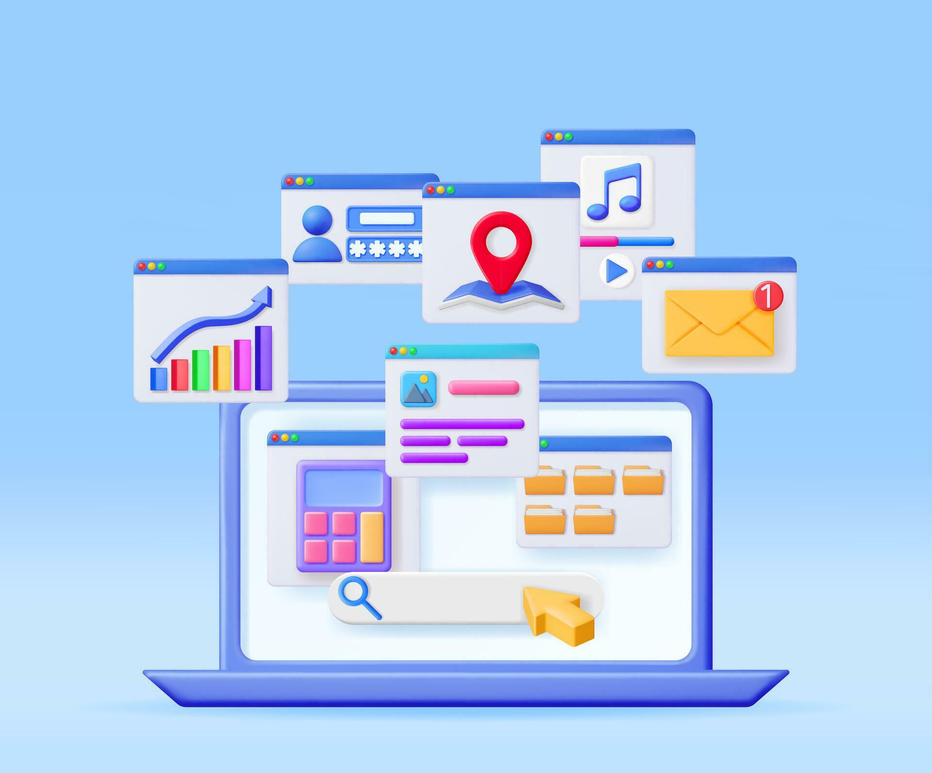 3D Laptop Application Windows Interface Isolated. Render Computer Software User Interface. UI ...