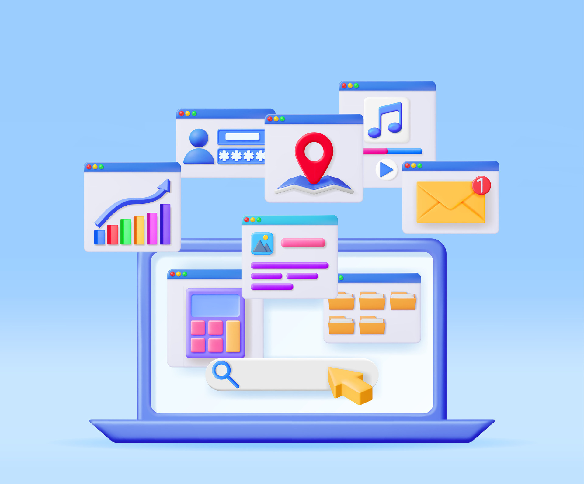 3D Laptop Application Windows Interface Isolated. Render Computer ...