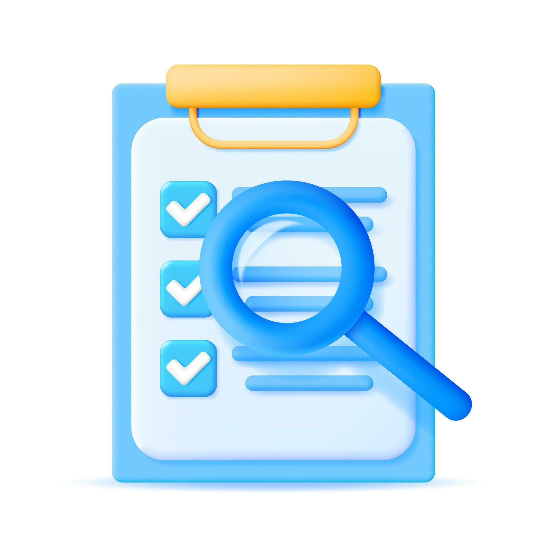 3D Checklist on Clipboard Paper with Magnifying Glass Isolated ...
