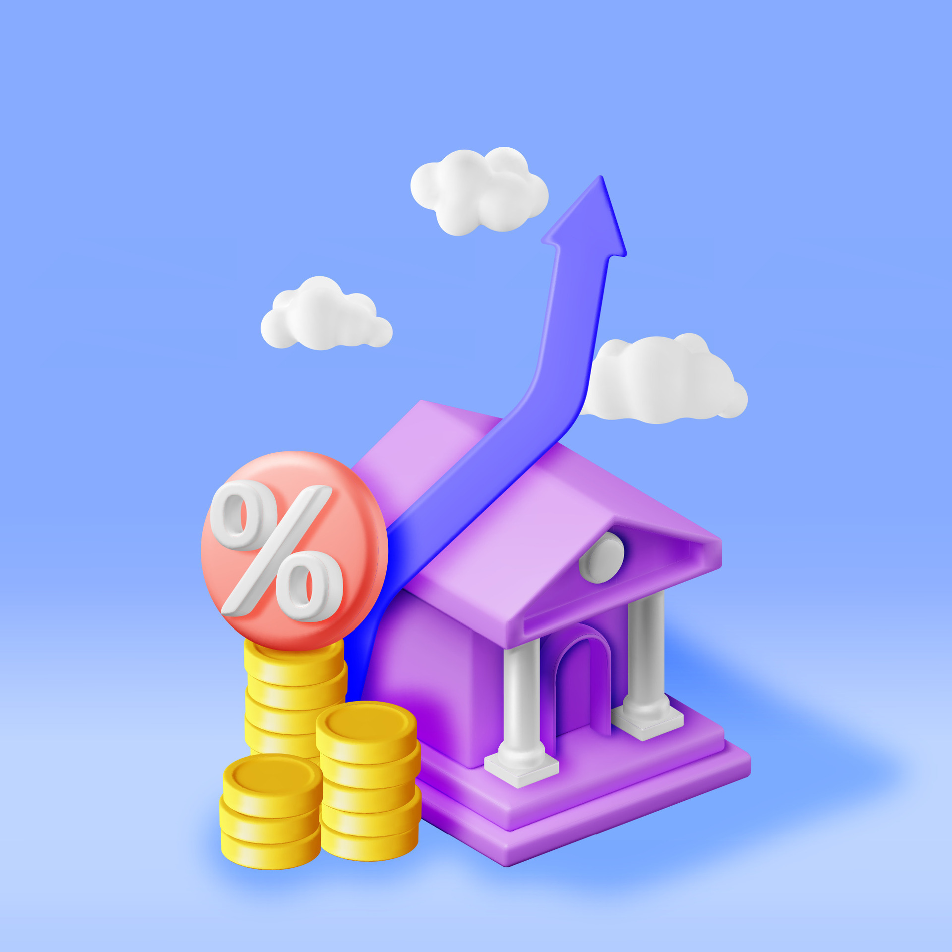 3D Growth Bank Stock Chart Arrow with Golden Coins. Render Stock Arrow with Money and Percentage ...