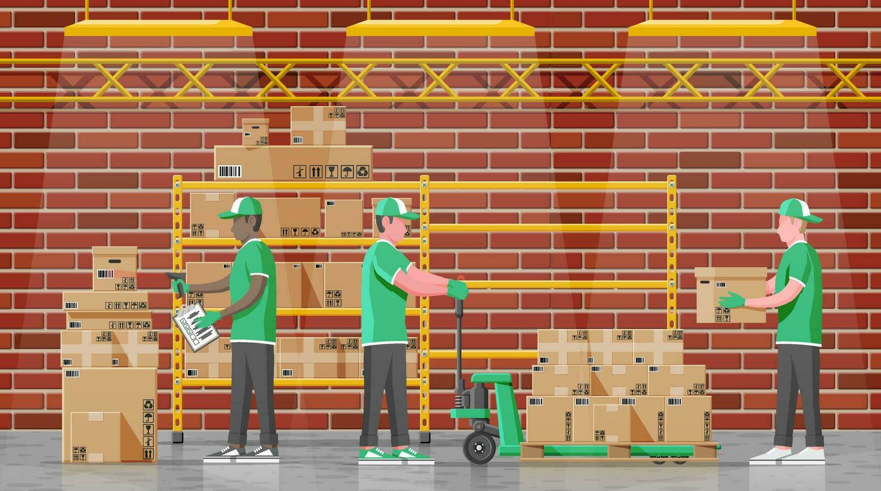 Warehouse shelves with goods, mover and container package boxes. Pile cardboard boxes set ...