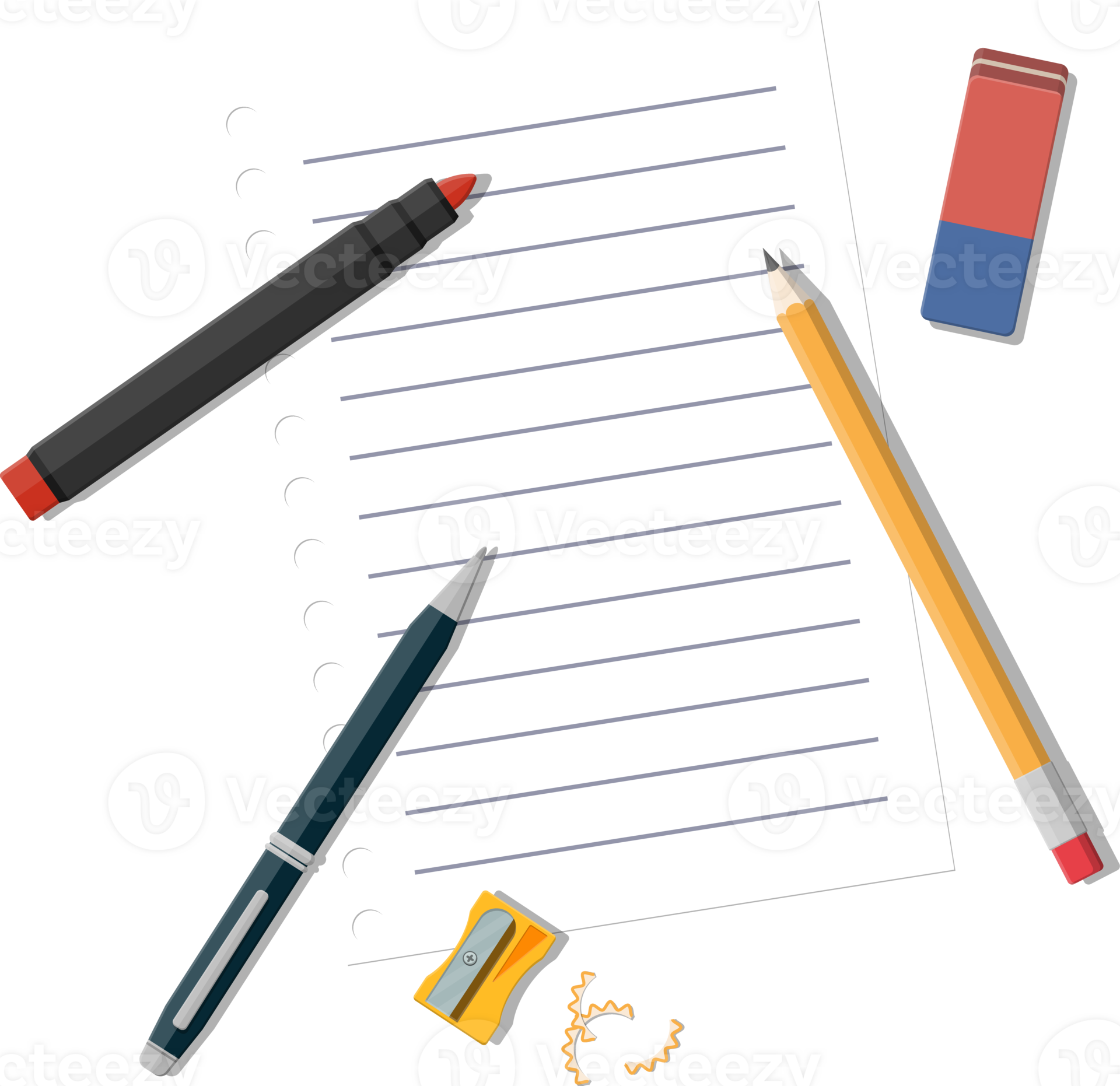 Black pencil, sharpener and eraser, paper blank 35857308 PNG