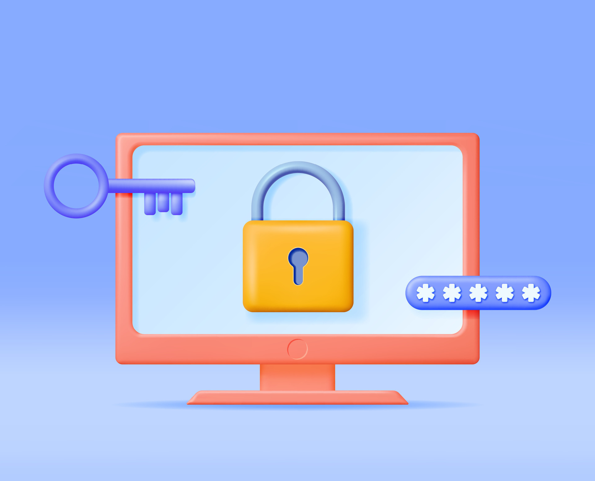 3D Desktop PC with Shield Lock and Password on Screen. Render Computer ...