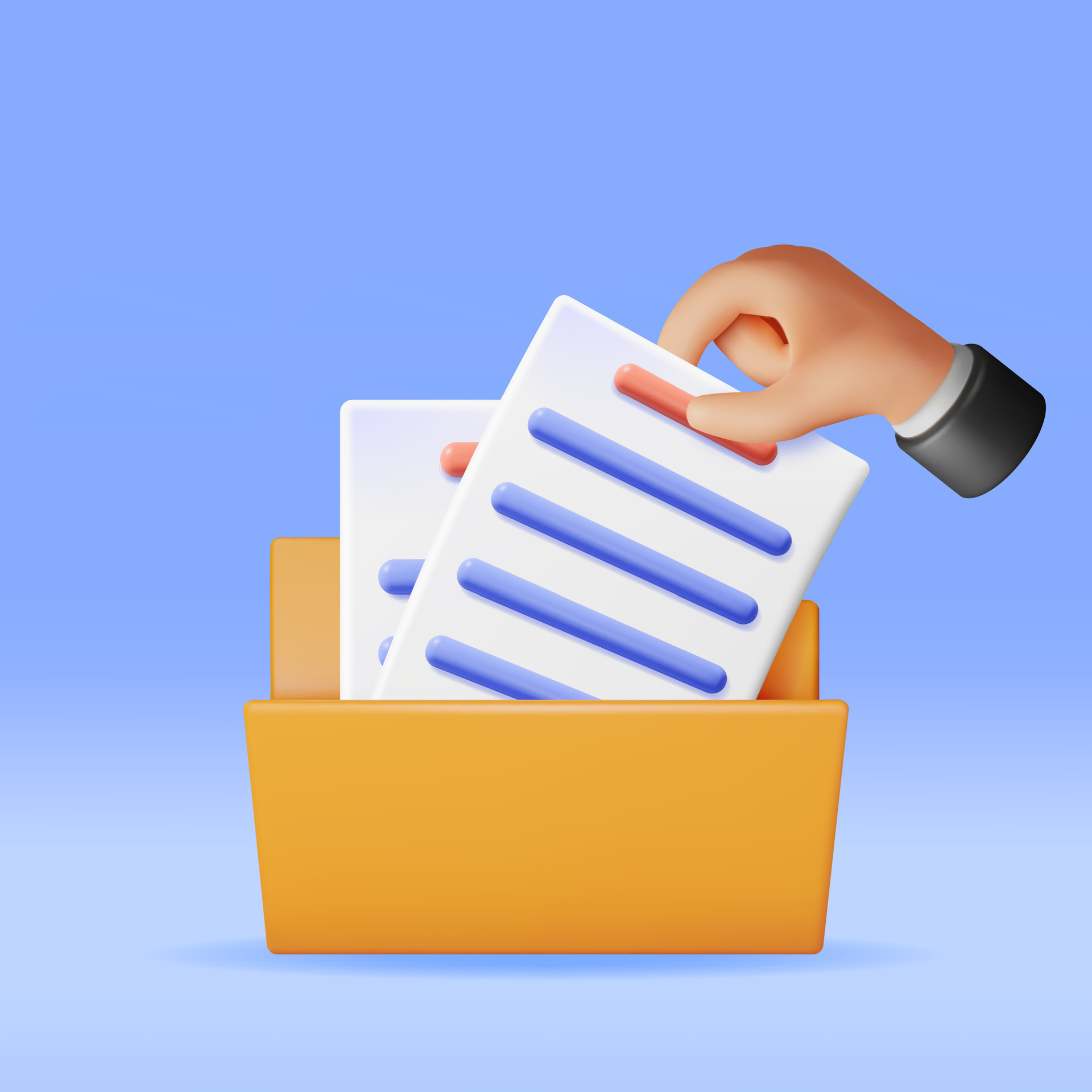 3D Business Hand with Folder Full of Papers Isolated. Render Yellow Folder for Correspondence ...