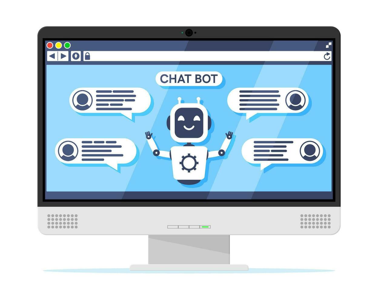Computer With Chat Bot Speak In Bubble On Screen Robot With Speech Window Chatbot Greets