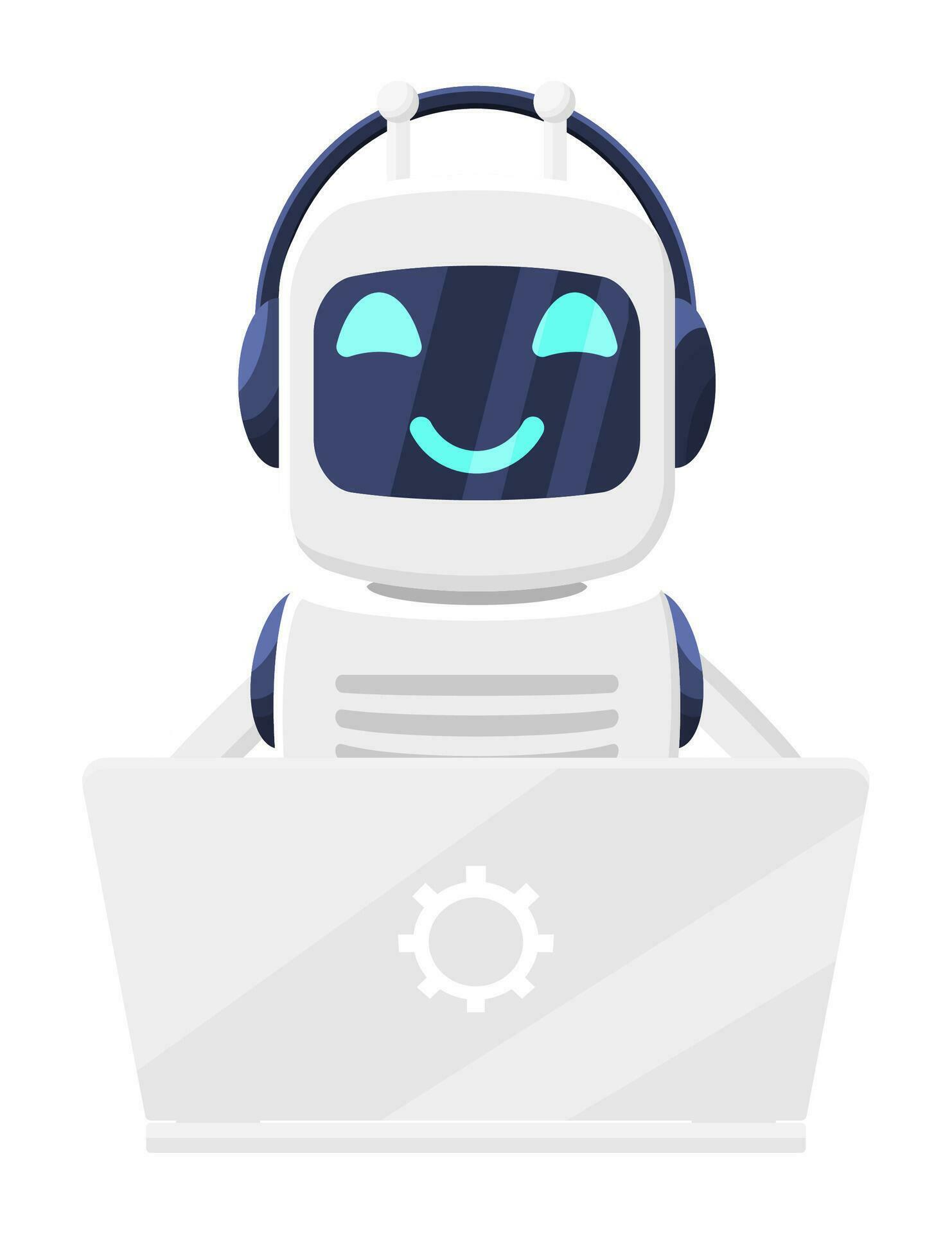 Robot Using Laptop Isolated on White. Chatbot Icon Sitting Behind ...