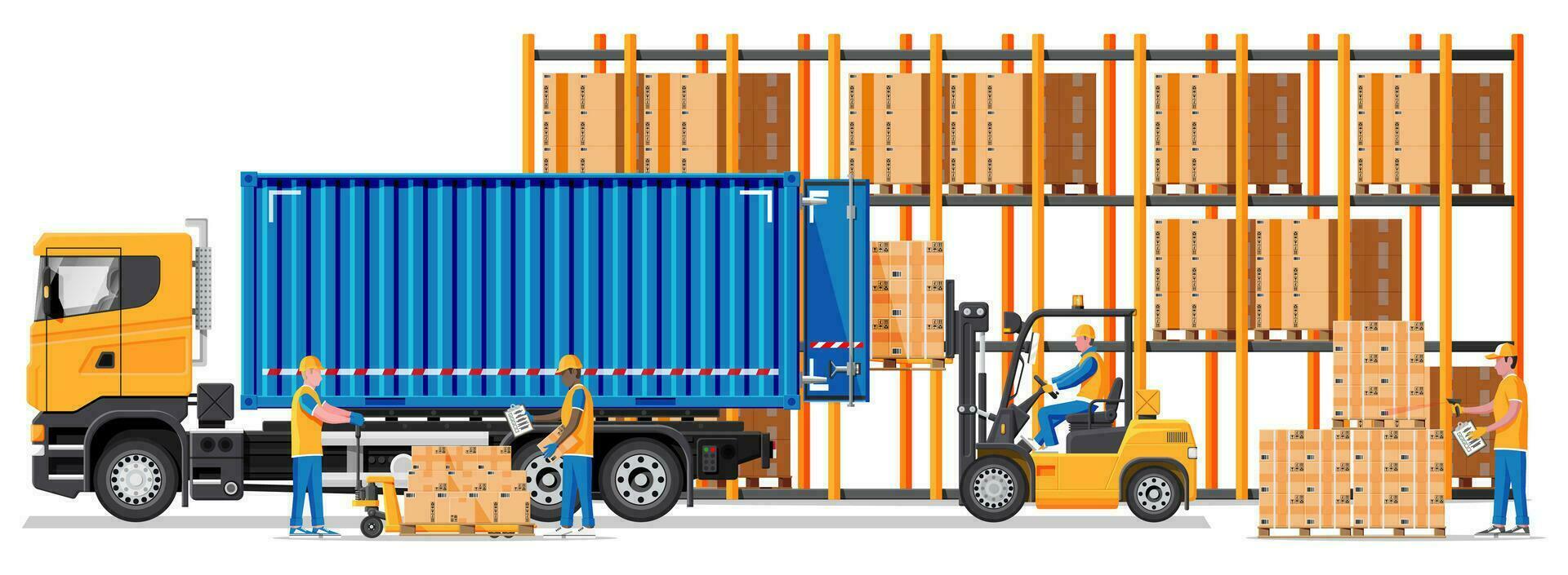 Warehouse shelves with goods, mover and container package boxes. Pile cardboard boxes set ...