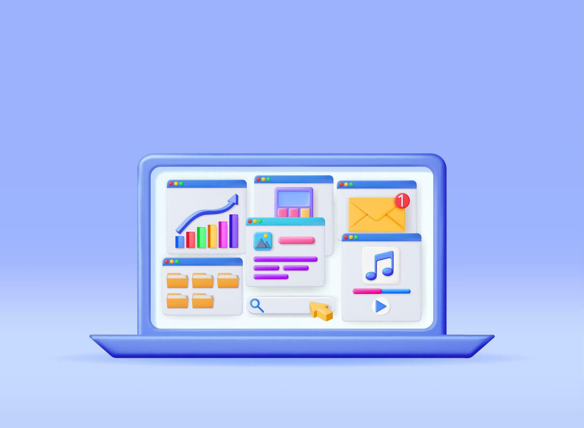 3D Laptop Application Windows Interface Isolated. Render Computer ...