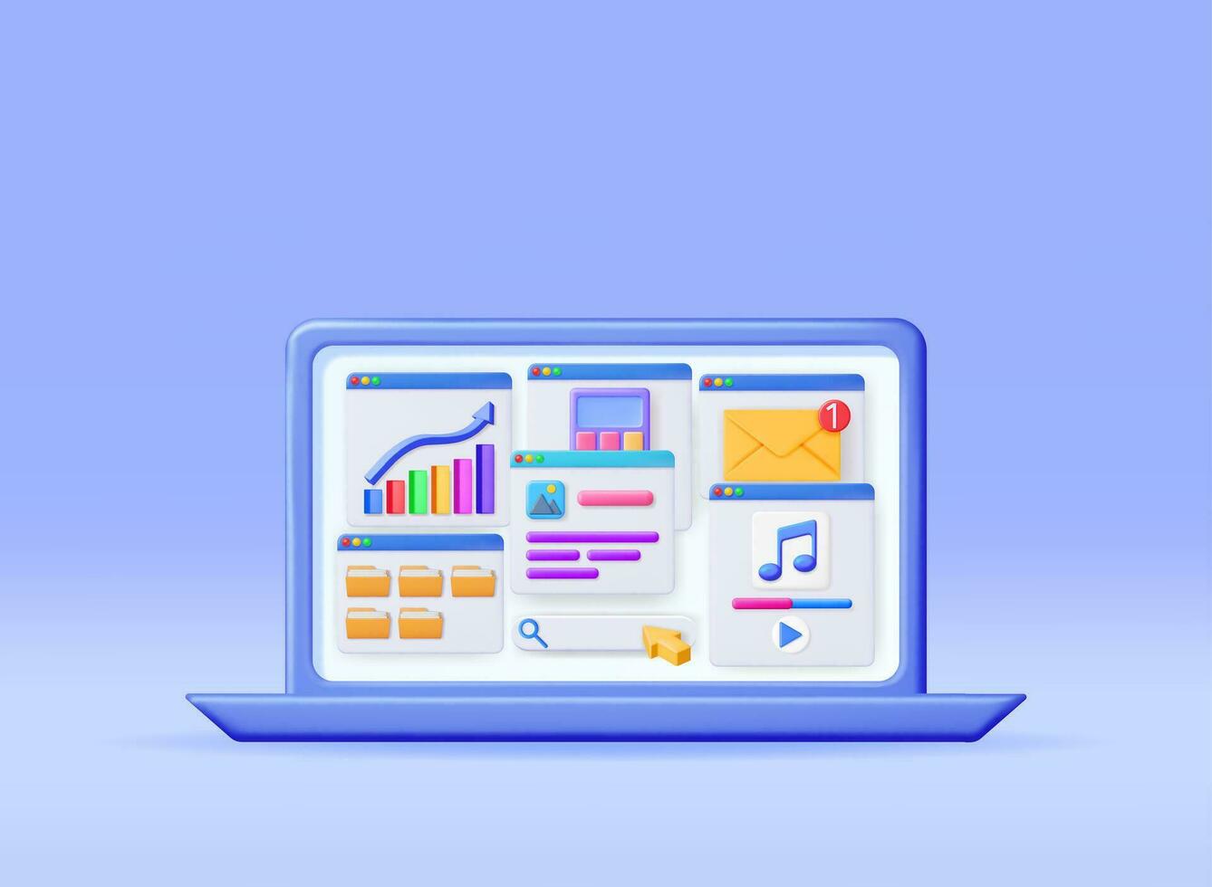 3D Laptop Application Windows Interface Isolated. Render Computer Software User Interface. UI ...