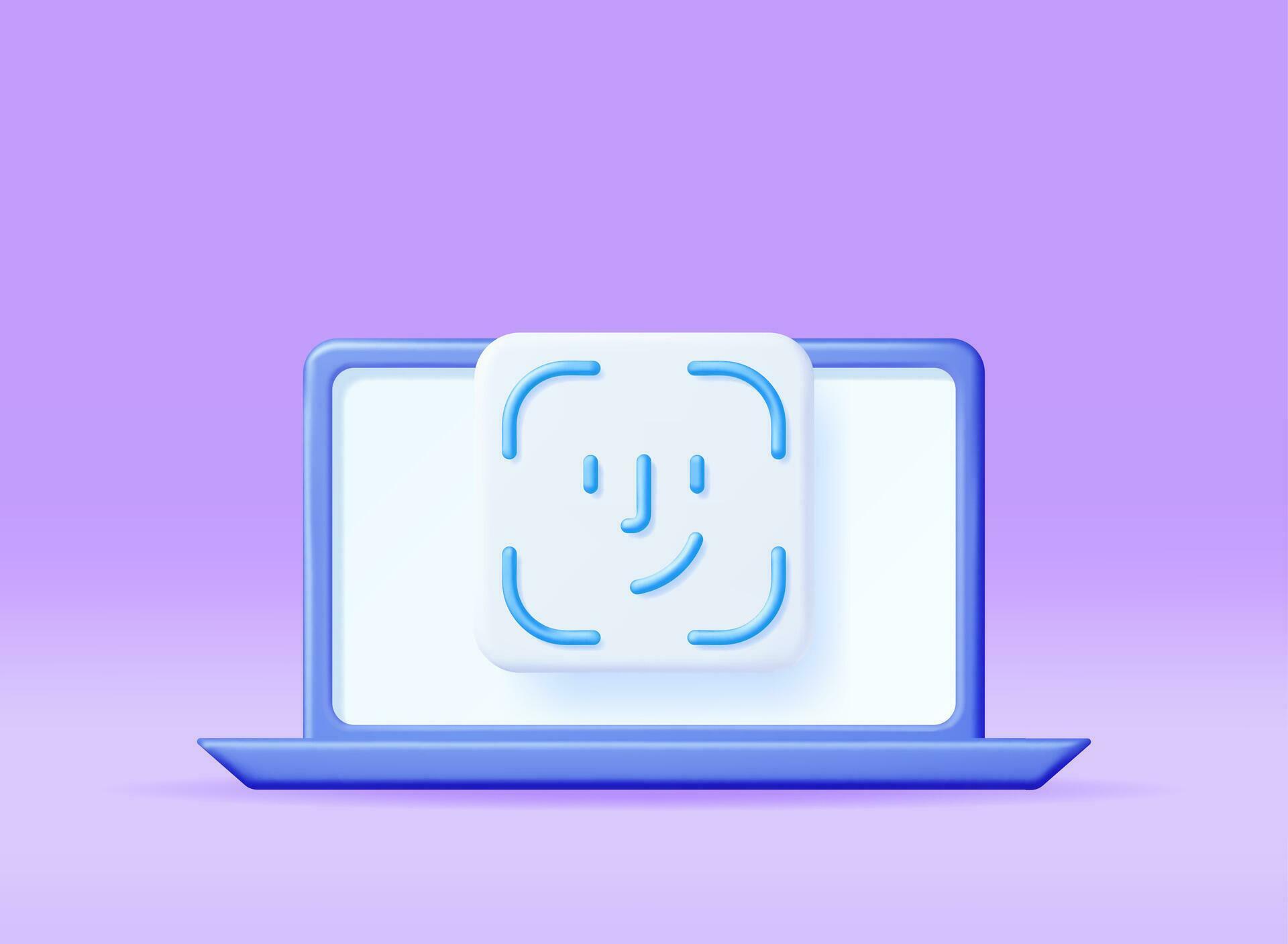 3D Face Recognition Icon on Laptop Isolated. Render Notebook with ...