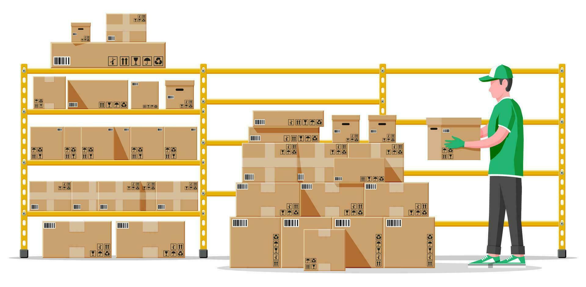 Warehouse shelves with goods, mover and container package boxes. Pile cardboard boxes set ...