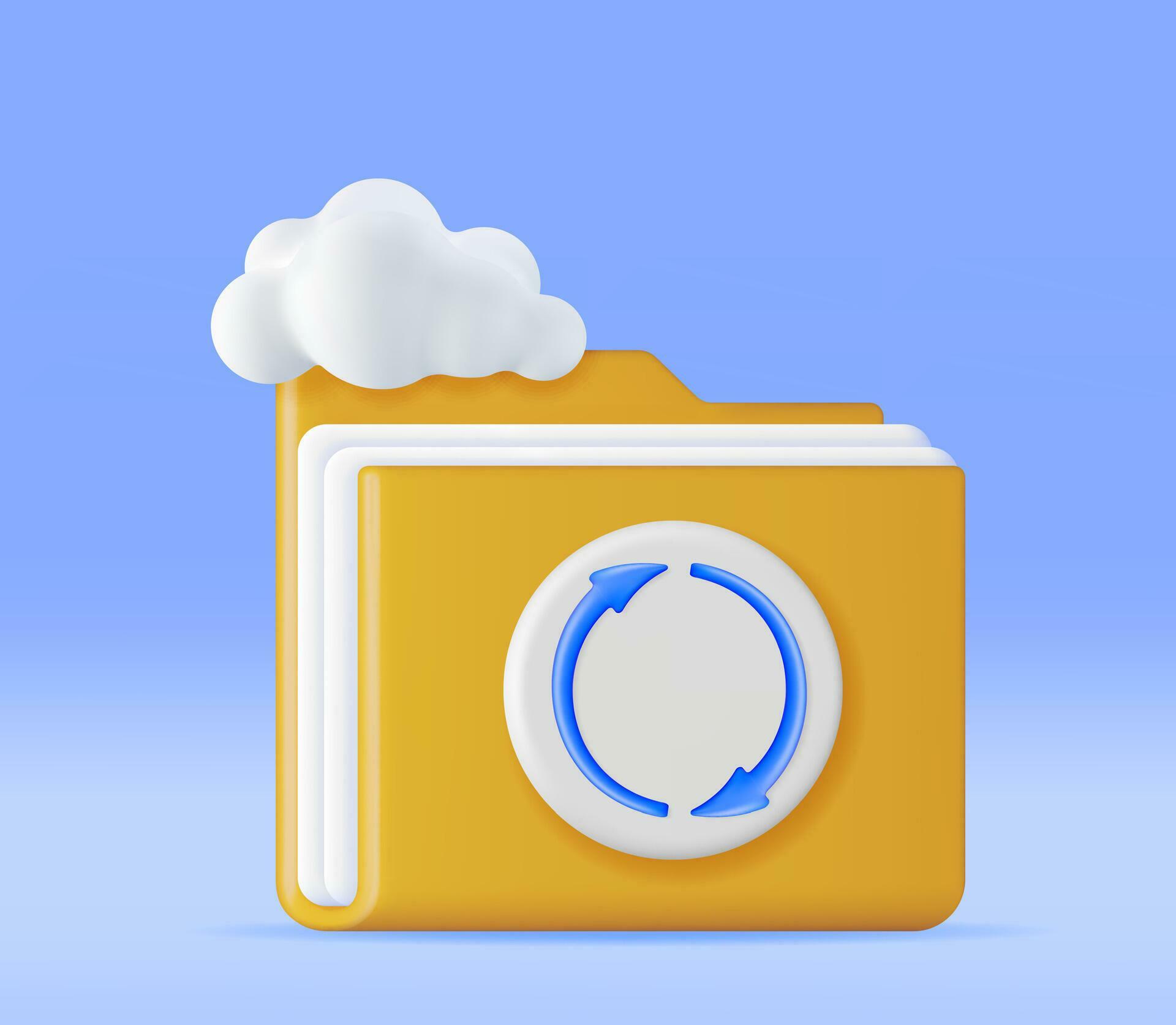 3d Folder In Clouds With File Sync Icon Isolated Render Computer File Folder With
