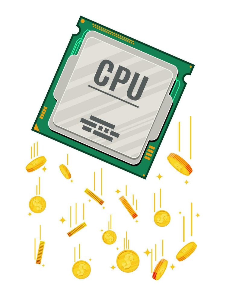 Computer CPU Chip Processor and Golden Dollar Coins. Mining ...