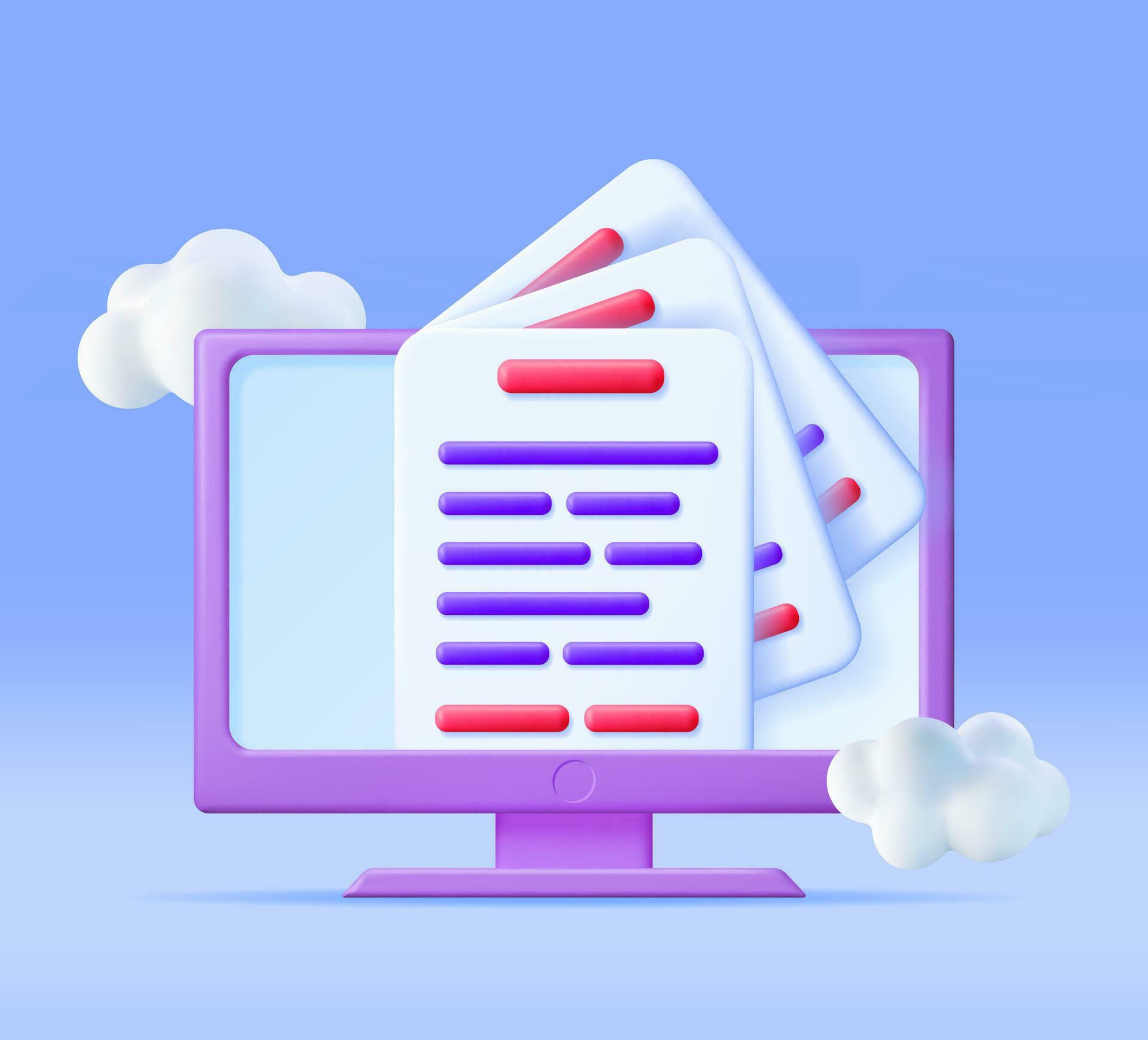 3D Computer with Pile of Paper Documents Isolated. 3D Render Monitor ...