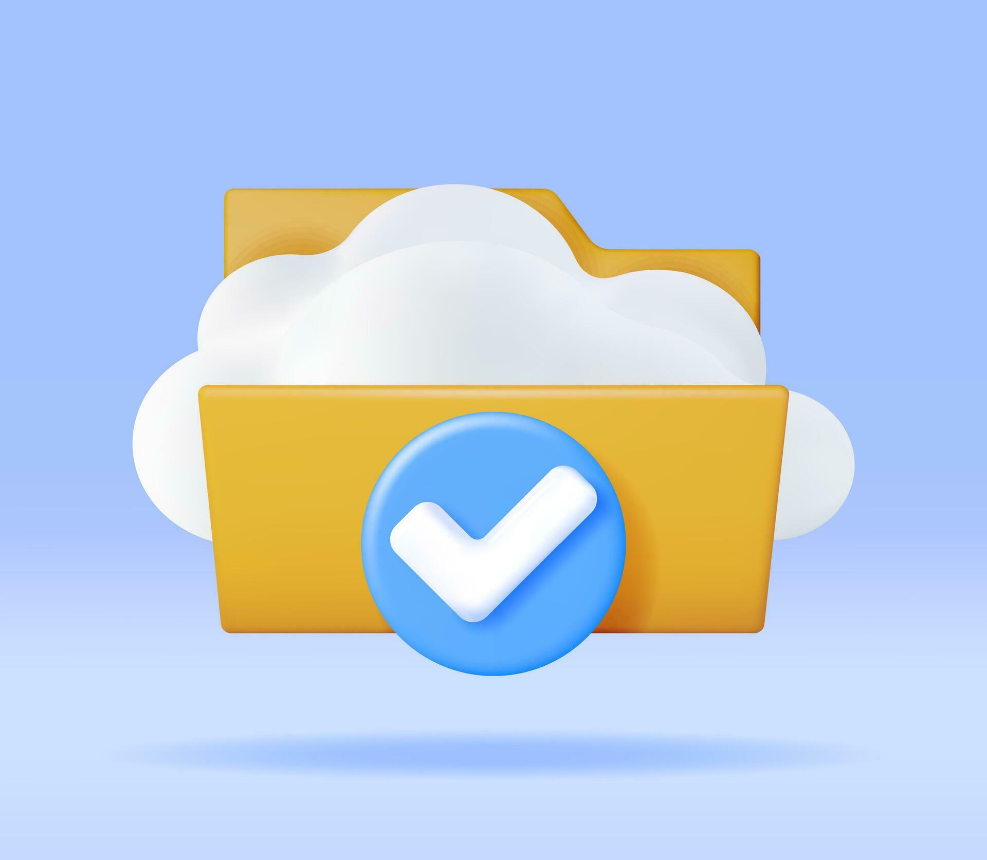 3D Cloud in Folder with Checkmark Icon Isolated. Render Computer File Folder with ...