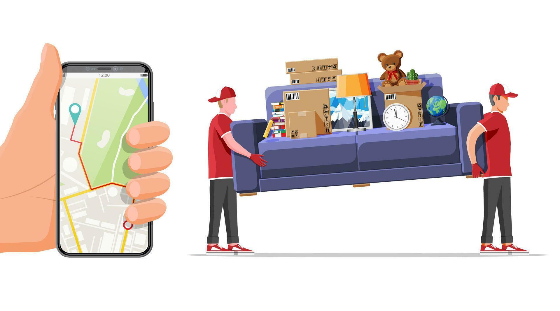 Delivery character man movers carry sofa and smartphone with map app. Porters carry couch ...