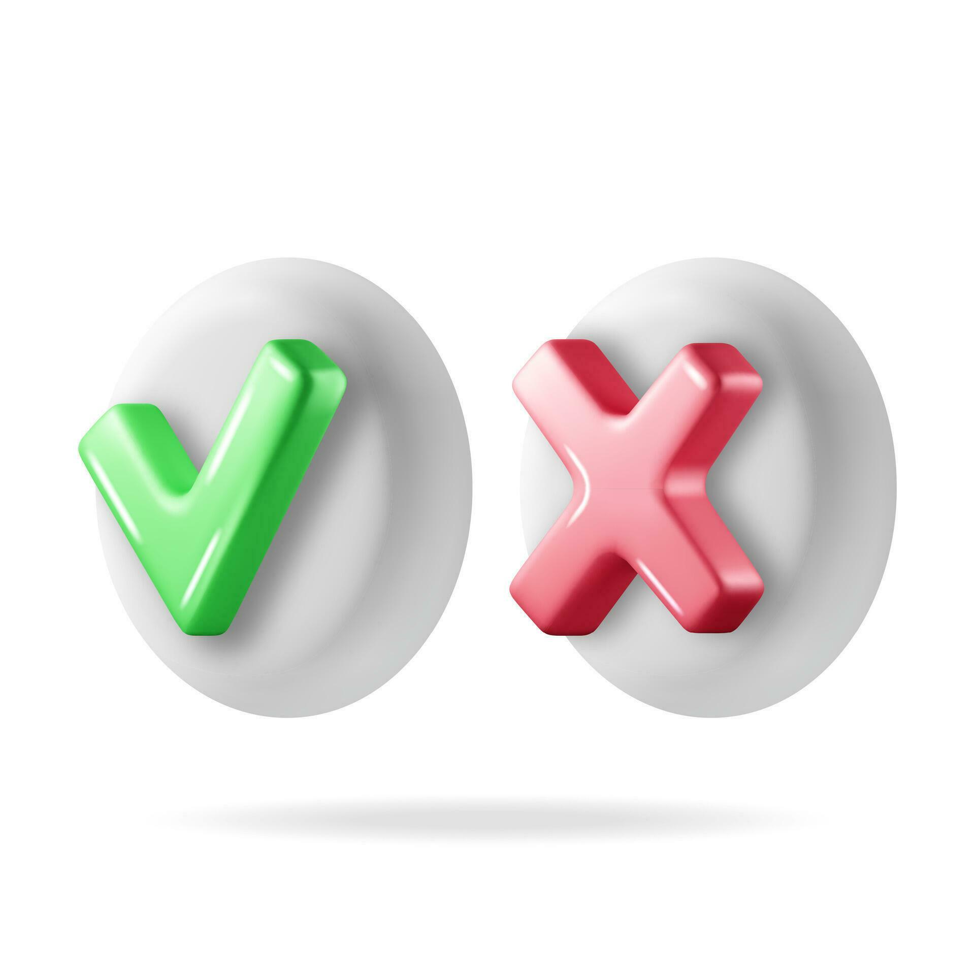 3D Right and Wrong Button Shape. Green Yes and Red No Correct Incorrect Sign. Checkmark Tick ...