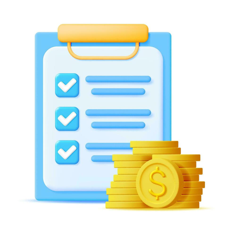 3D Checklist on Clipboard Paper with Gold Coins Isolated. Successfully ...