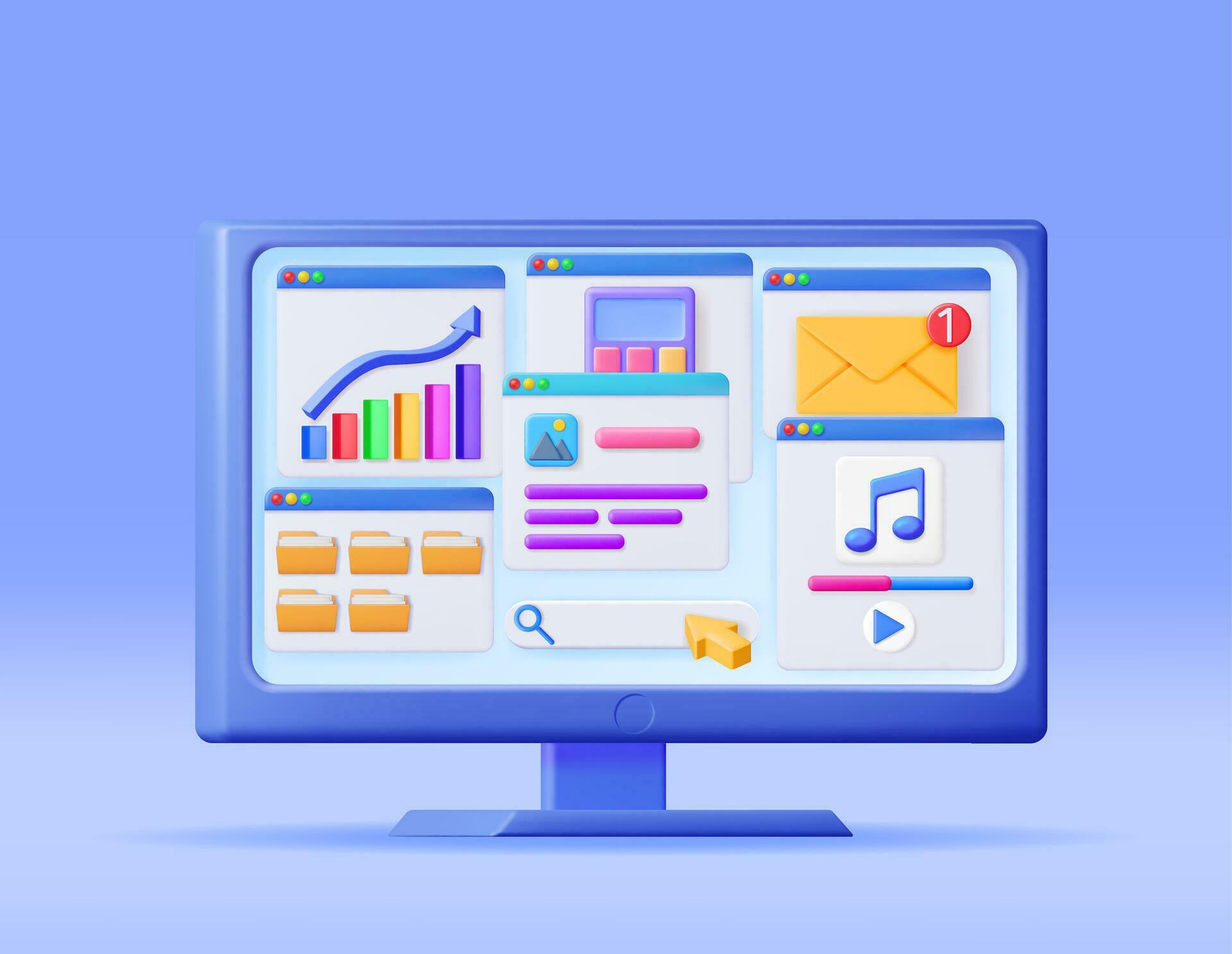 3D Monitor Application Windows Interface Isolated. Render Computer Software User Interface. UI ...