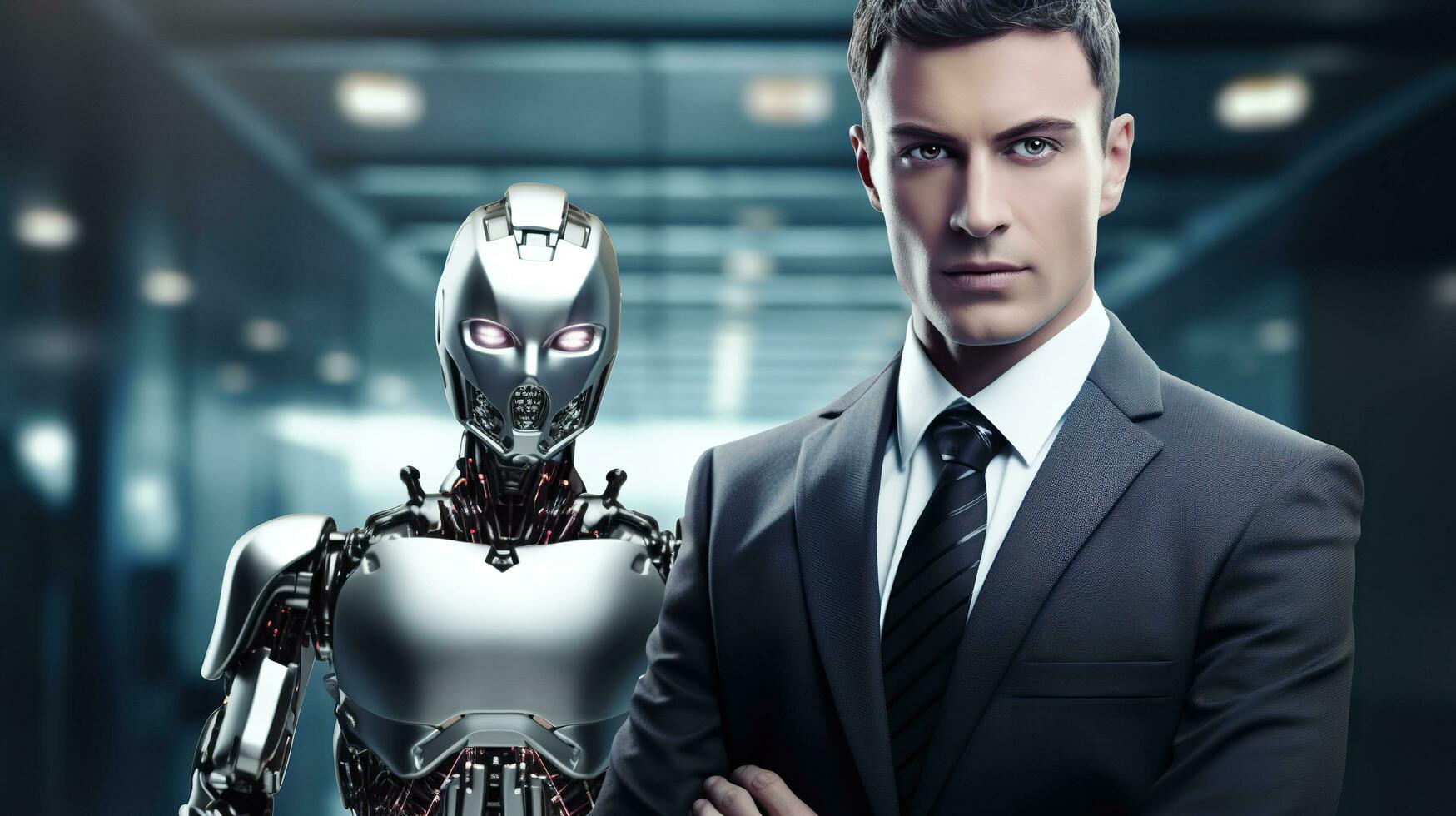 AI generated Portrait of a young business man with a robot. 35866525 ...