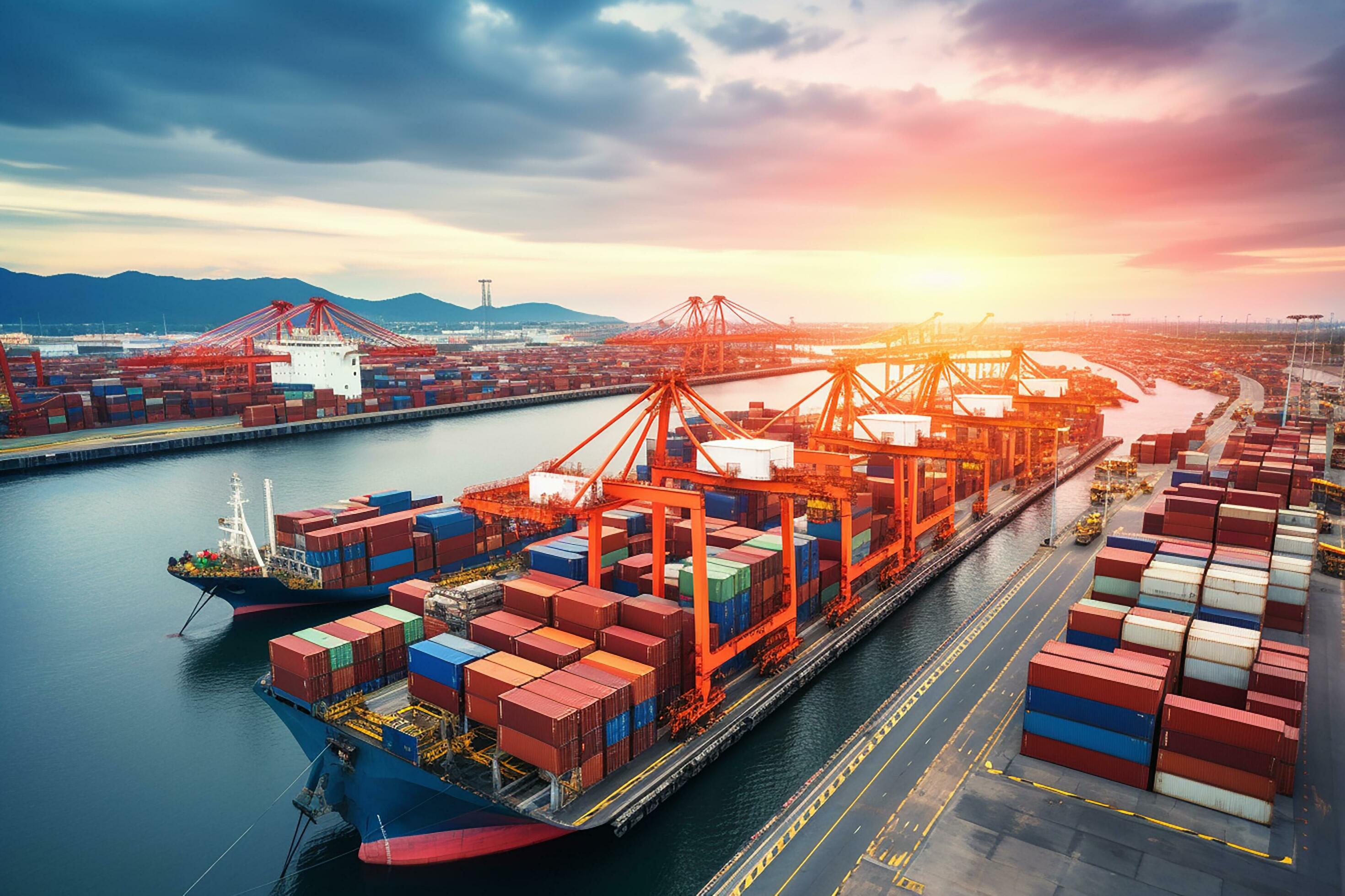 AI generated Aerial top view of Container ship loading and unloading ...