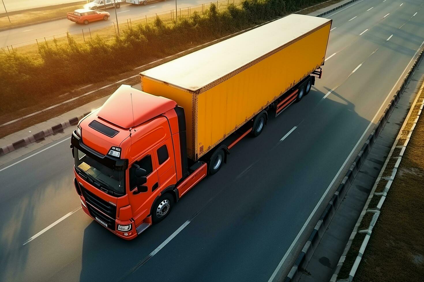 AI generated cargo truck on the higthway. cargo delivery driving on asphalt road through the ...