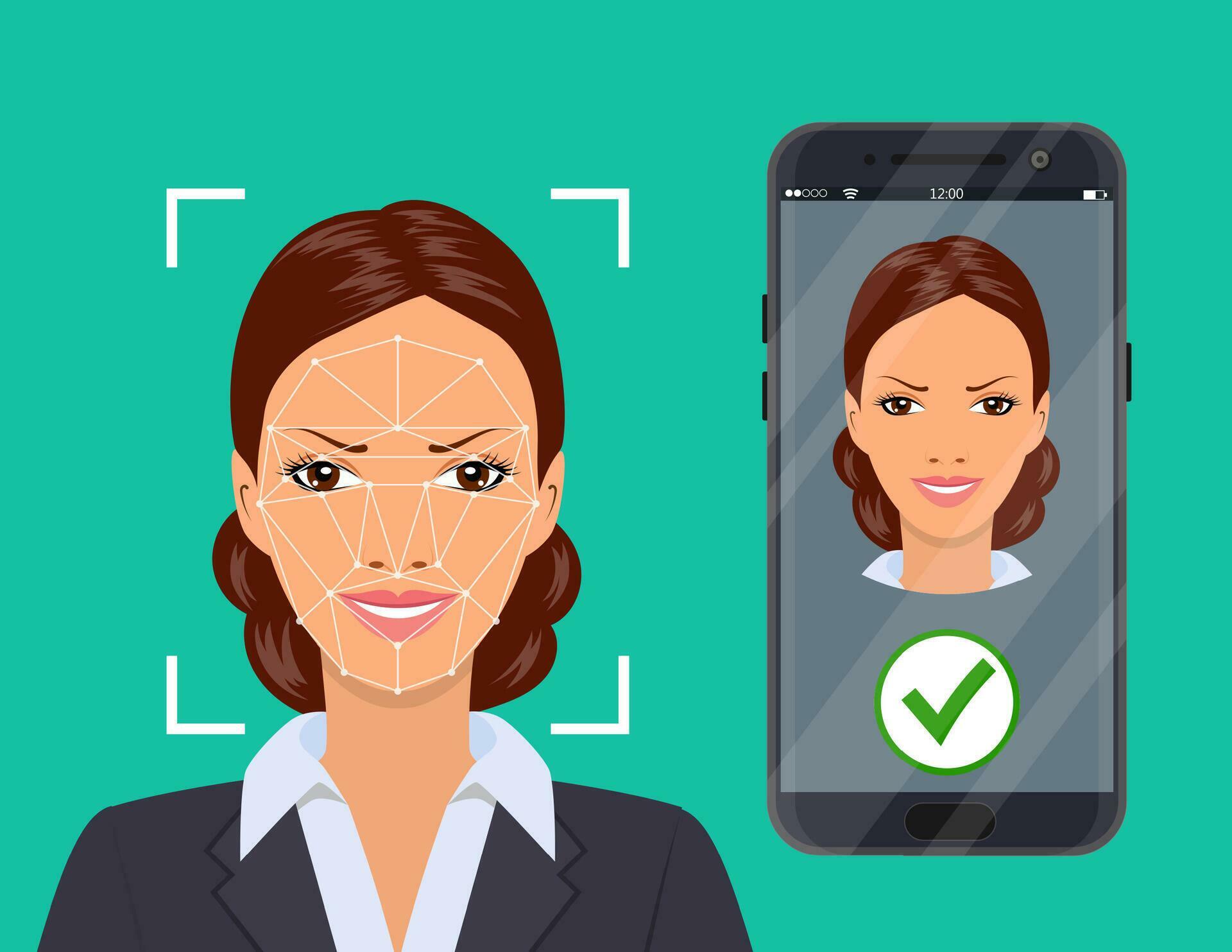 Face recognition , biometric security system concept. Face ID, mobile app. Phone with biometric ...
