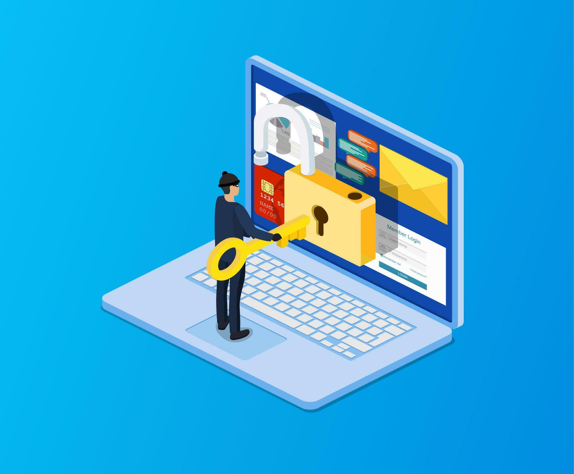 Isometric Concept Of Hacking Hief Or Hacker Use Key To Hack Into Laptop Cyber Attacker Trying