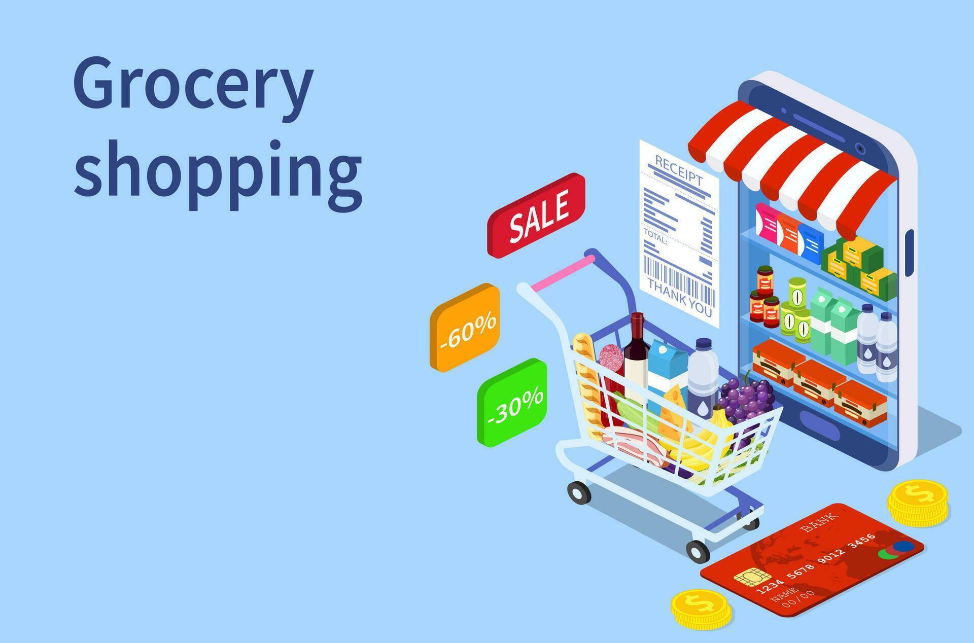 Online Grocery shopping concept. Isometric Shopping cart with fresh ... Online Grocery shopping concept. Isometric Shopping cart with fresh ...