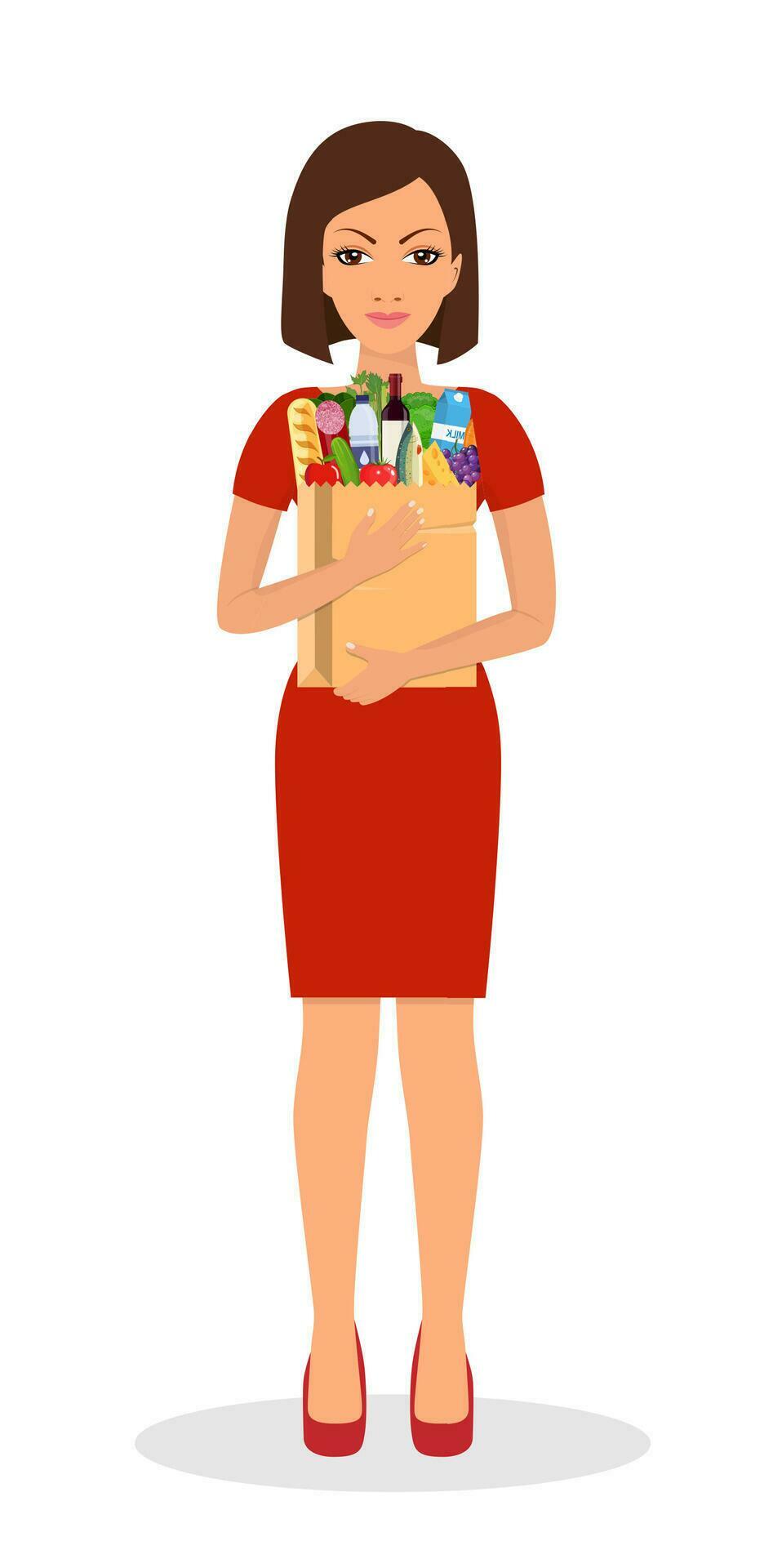 Woman Shopping In Supermarket Woman Hold Grocery Paper Shopping Bag