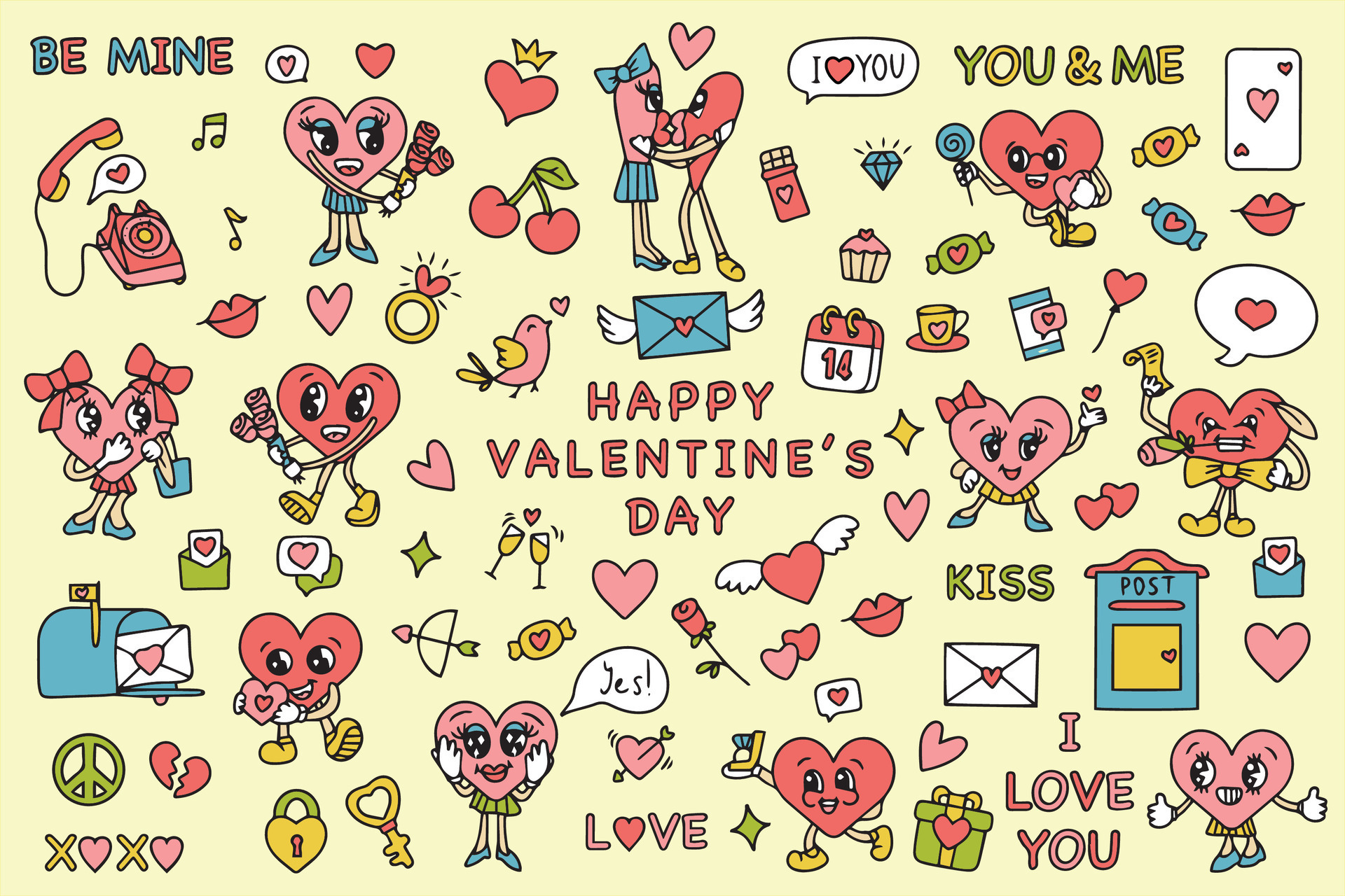 Trendy Groovy Valentines Day Sticker Set Retro Valentines Day 70s 60s