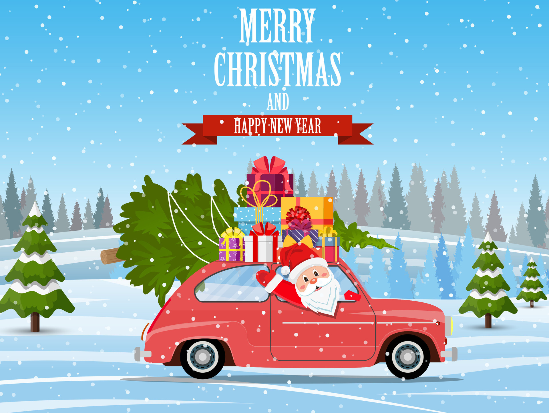 Retro car with Christmas tree 35884125 Vector Art at Vecteezy