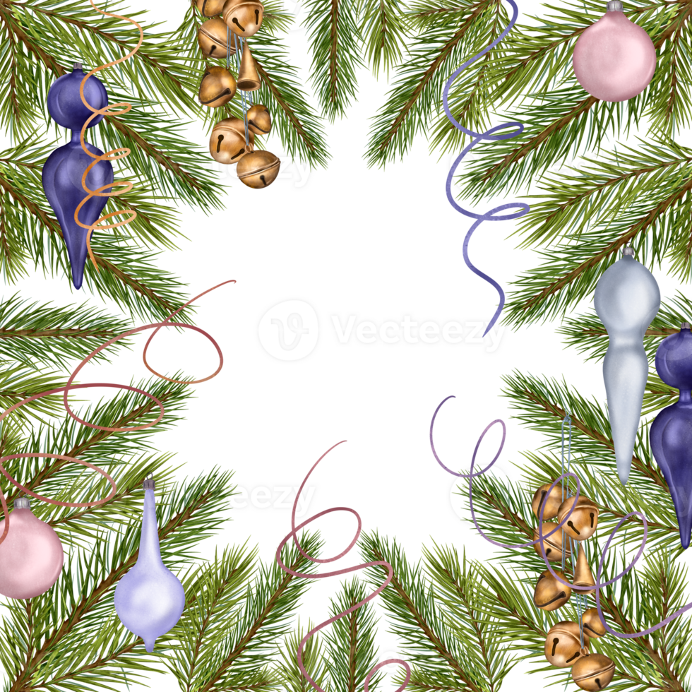 Frame Made Of Fir Tree Branches With Christmas Ornaments Balls And Jingle Bells Digital
