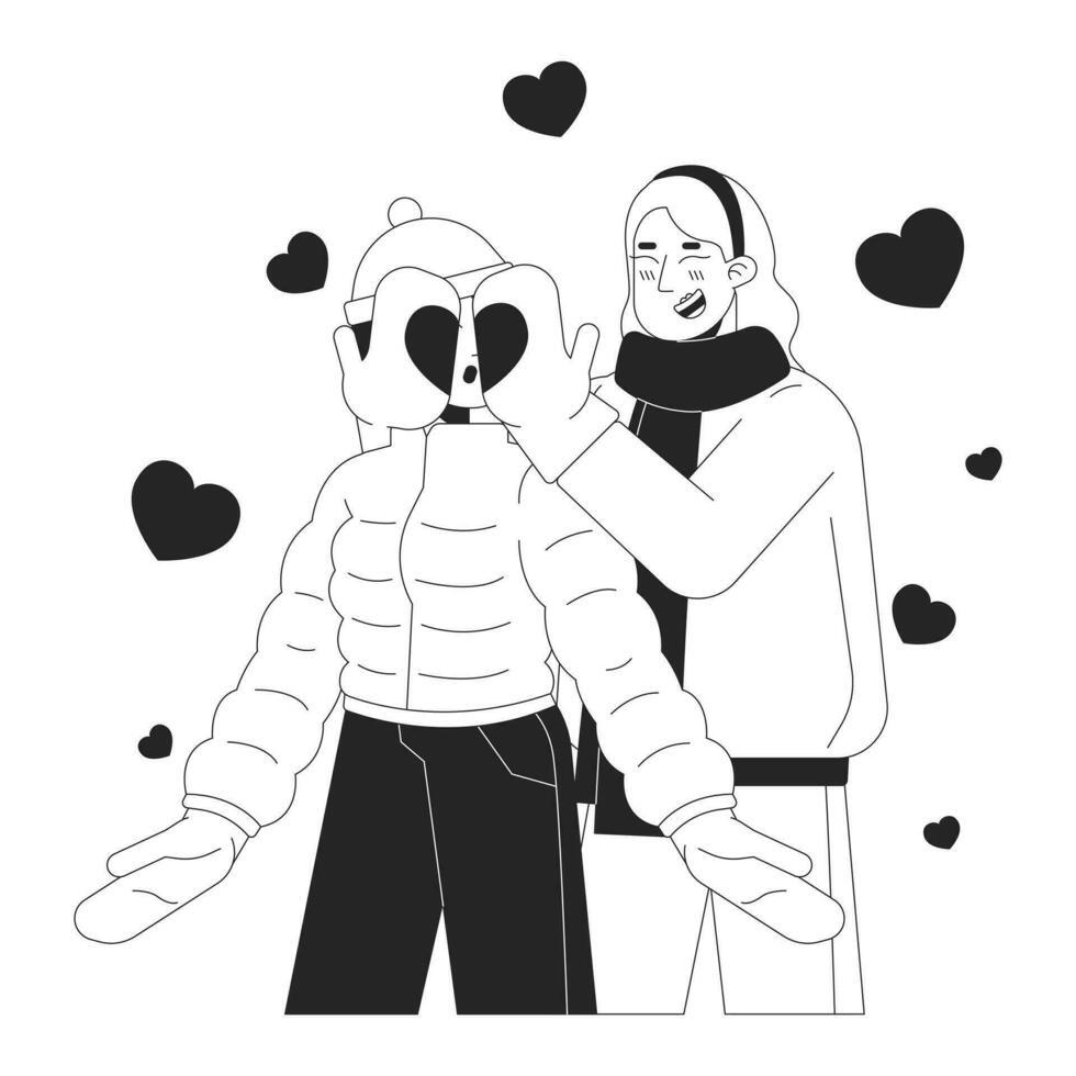 Lesbian Woman Covering Girlfriend Eyes With Mittens Black And White Cartoon Flat Illustration
