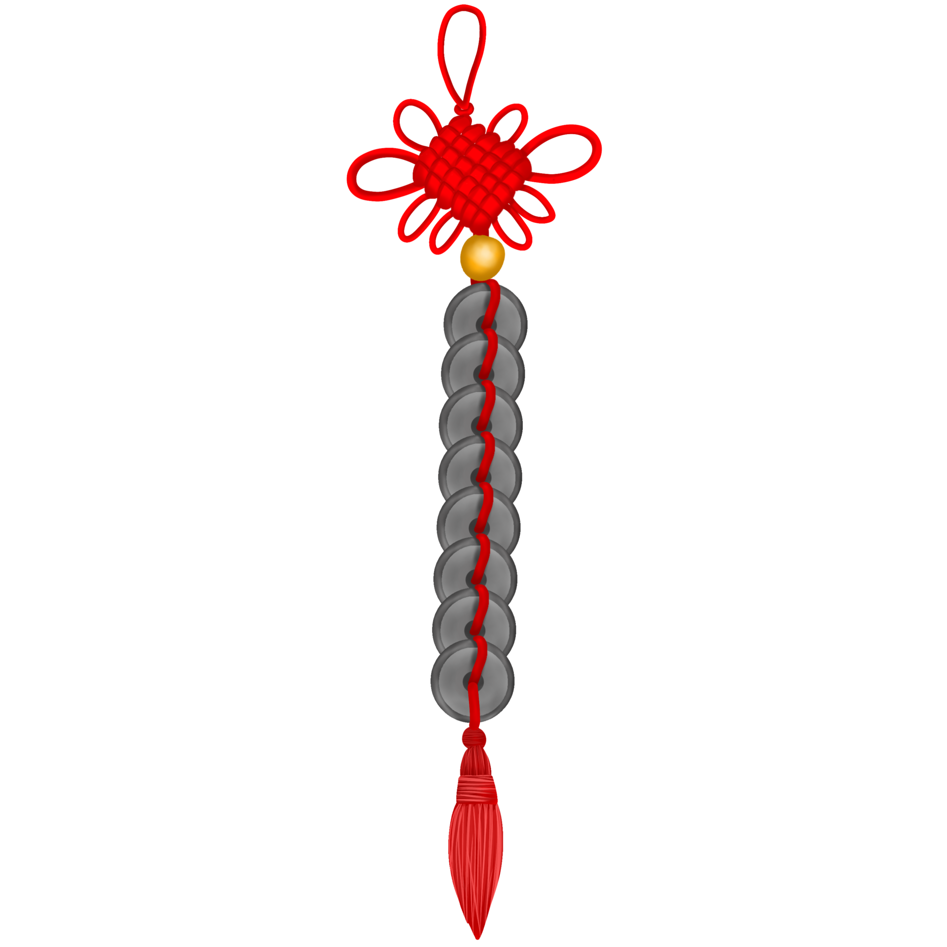 A Hanging Bunch Of Ancient Chinese Style Coins Strung With Red Thread a-hanging-bunch-of-ancient-chinese-style-coins-strung-with-red-thread