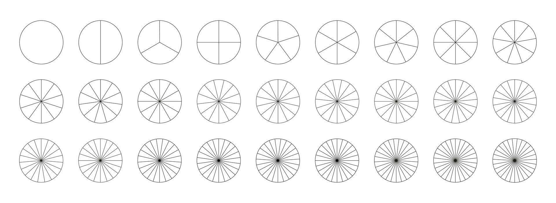 Pie chart template. Segmented charts collection. Many number of sectors divide the circle on ...