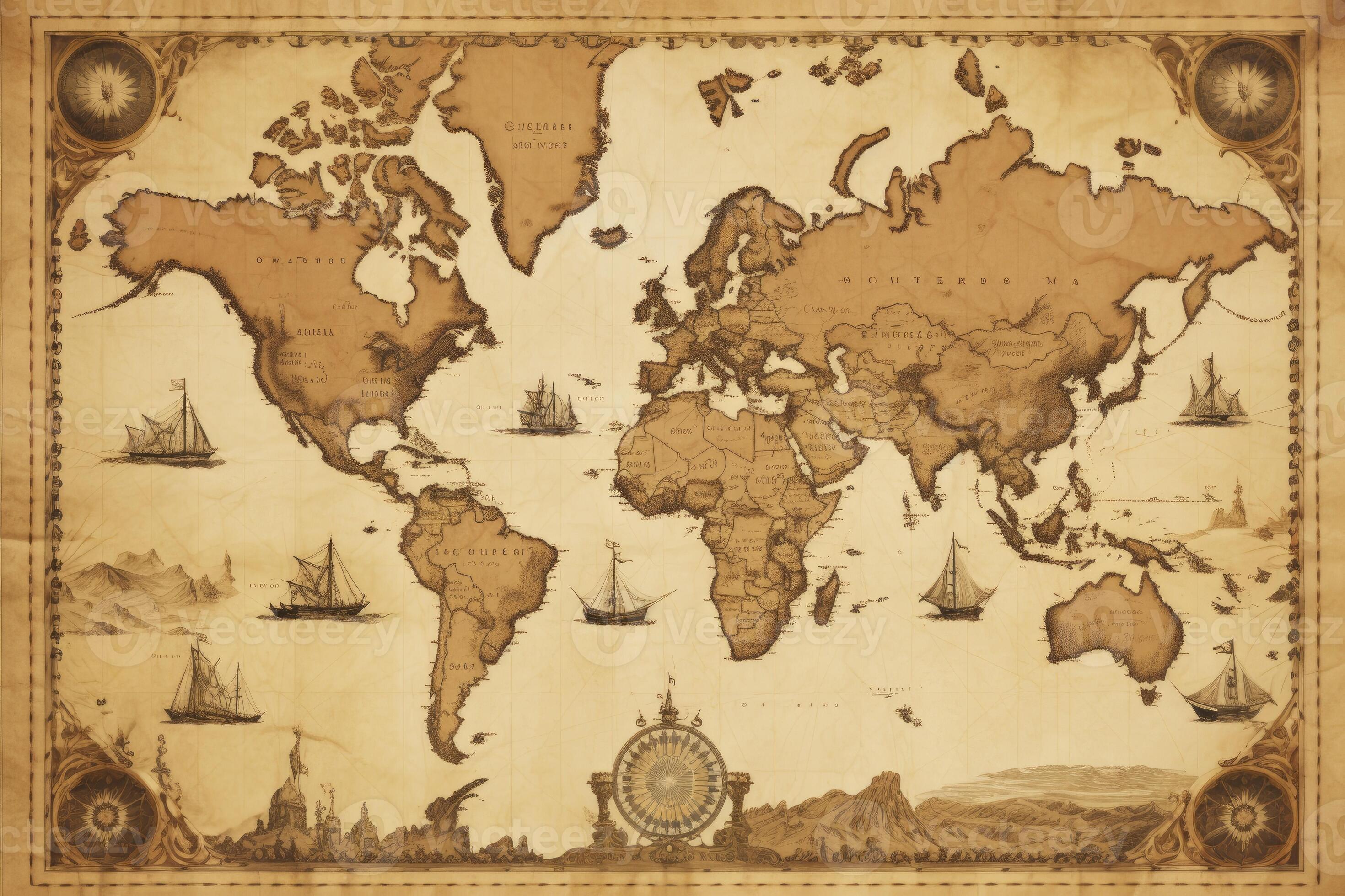 AI generated Great detailed illustration of the world map in vintage ...