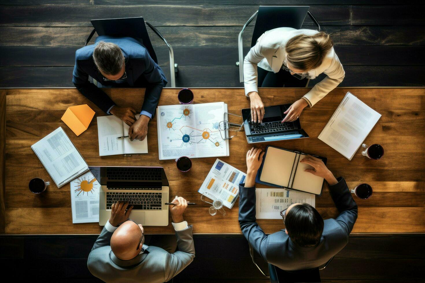 AI generated Business team working together on a table, top view of ...