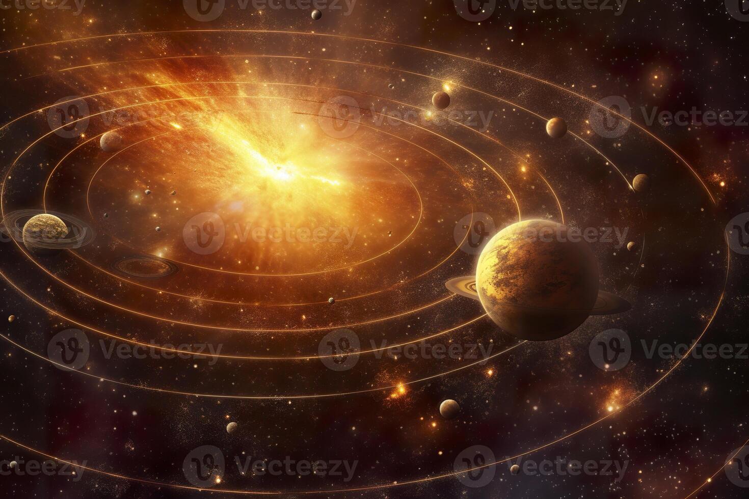 AI generated Our 3d Solar system with planets in orbits path. AI ...