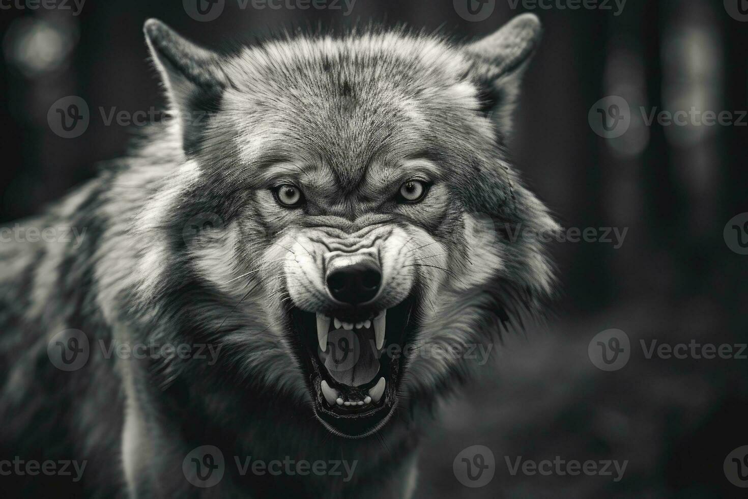 Ai Generated Greyscale Closeup Shot Of An Angry Wolf With A Blurred Background Ai Generated