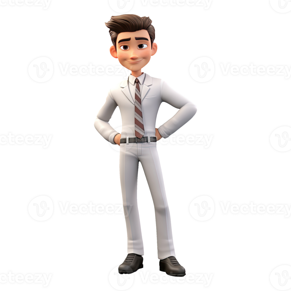 ai généré 3d dessin animé homme dans blanc costume. homme d'affaire personnage sur transparent ...