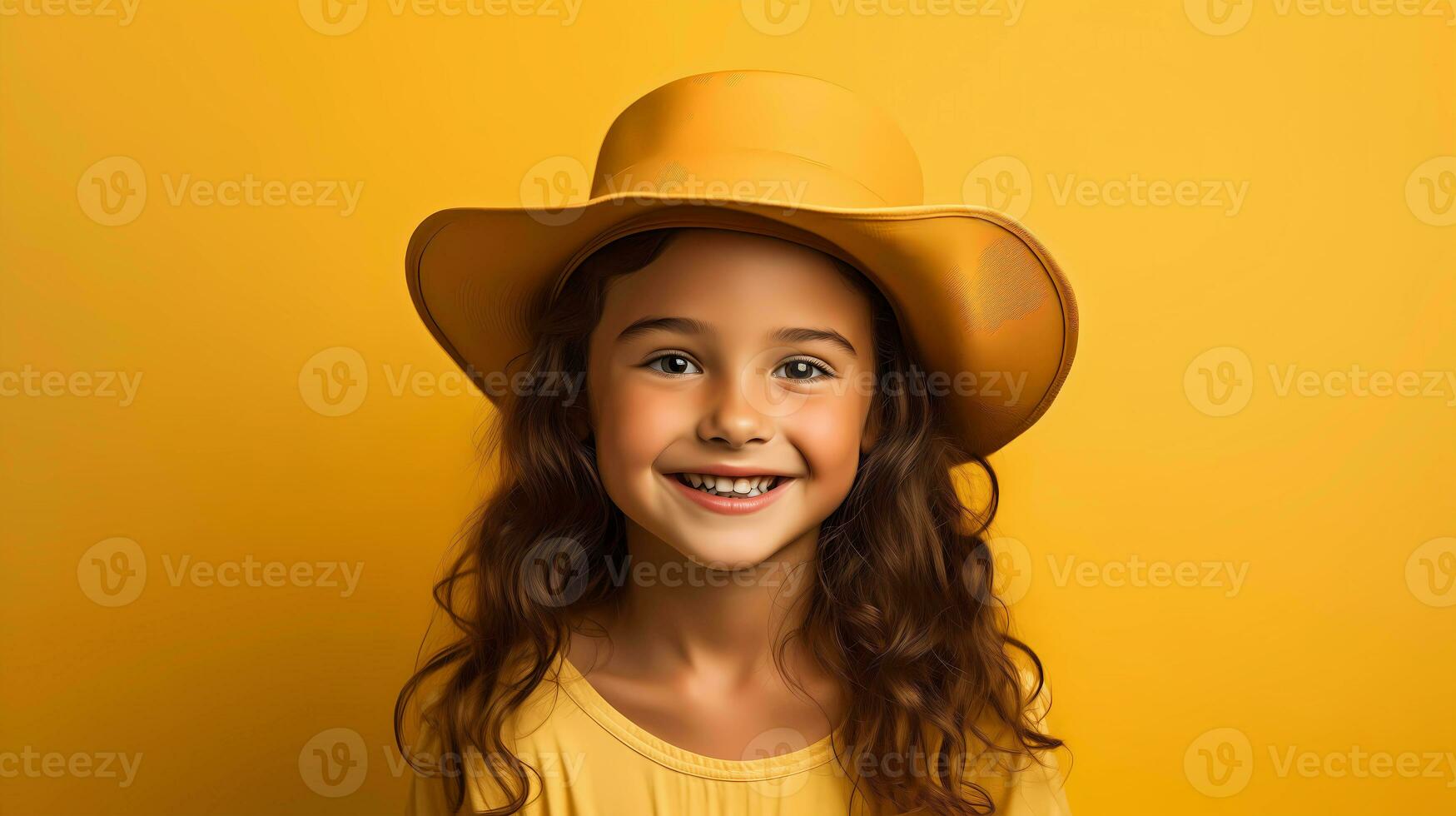 AI generated A happy young girl with hat and yellow top on a yellow ...