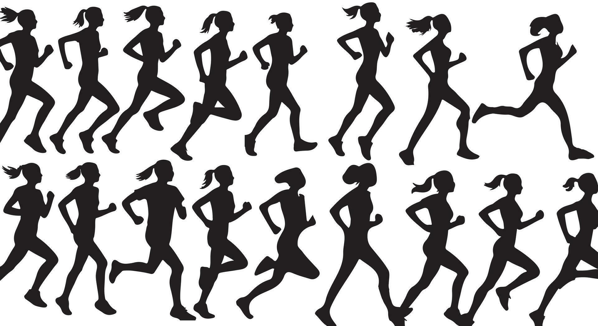 Running woman silhouettes on a white background. Big set of female ...