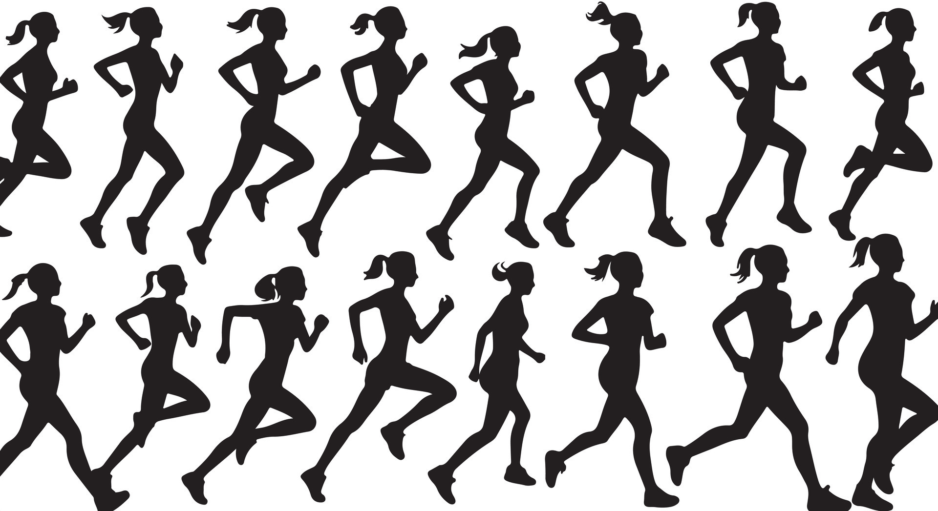 Running woman silhouettes on a white background. Big set of female ...