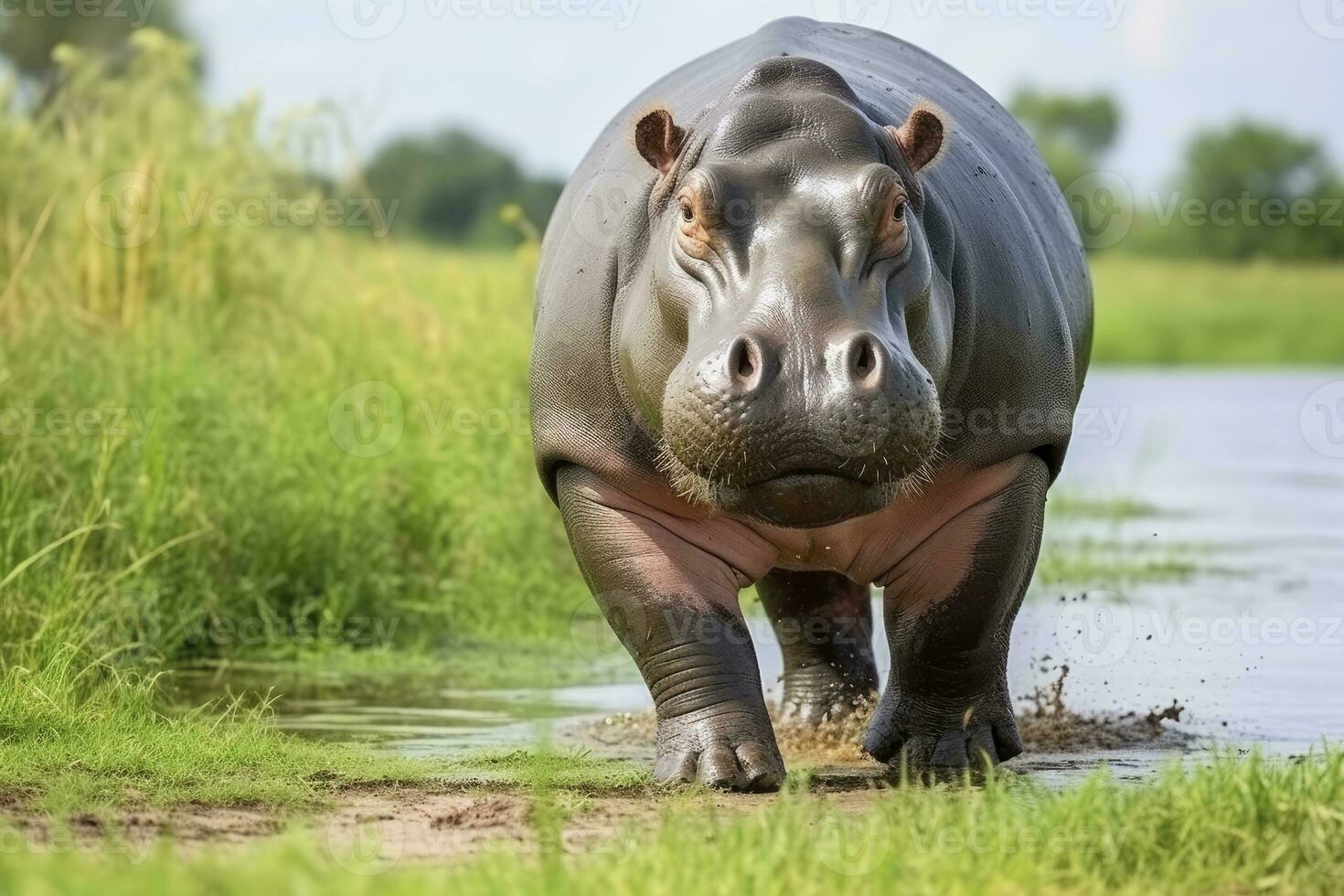 AI generated Hippopotamus Walking in a green field. AI Generated ... AI generated Hippopotamus Walking in a green field. AI Generated ...