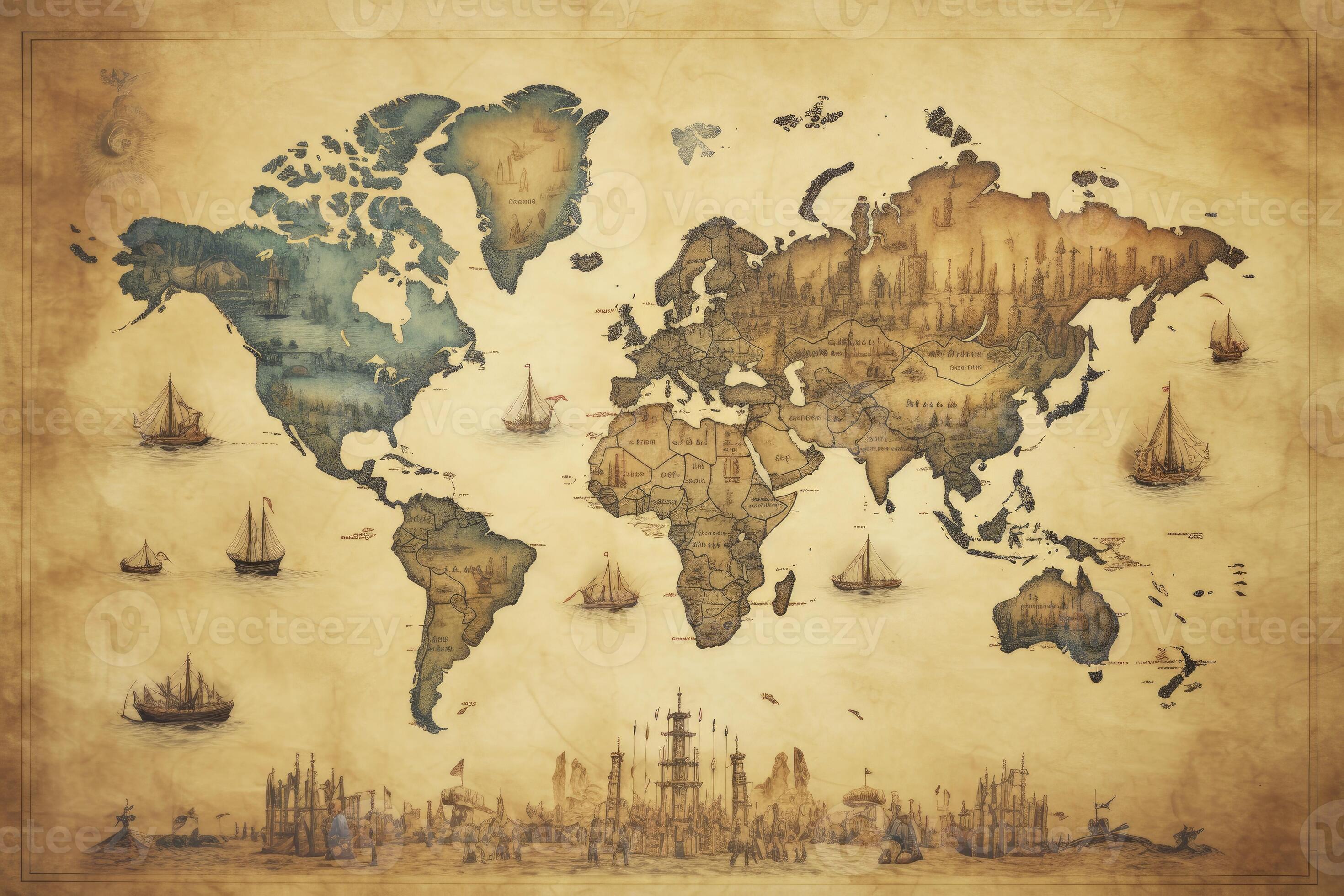 AI generated Great detailed illustration of the world map in vintage ...