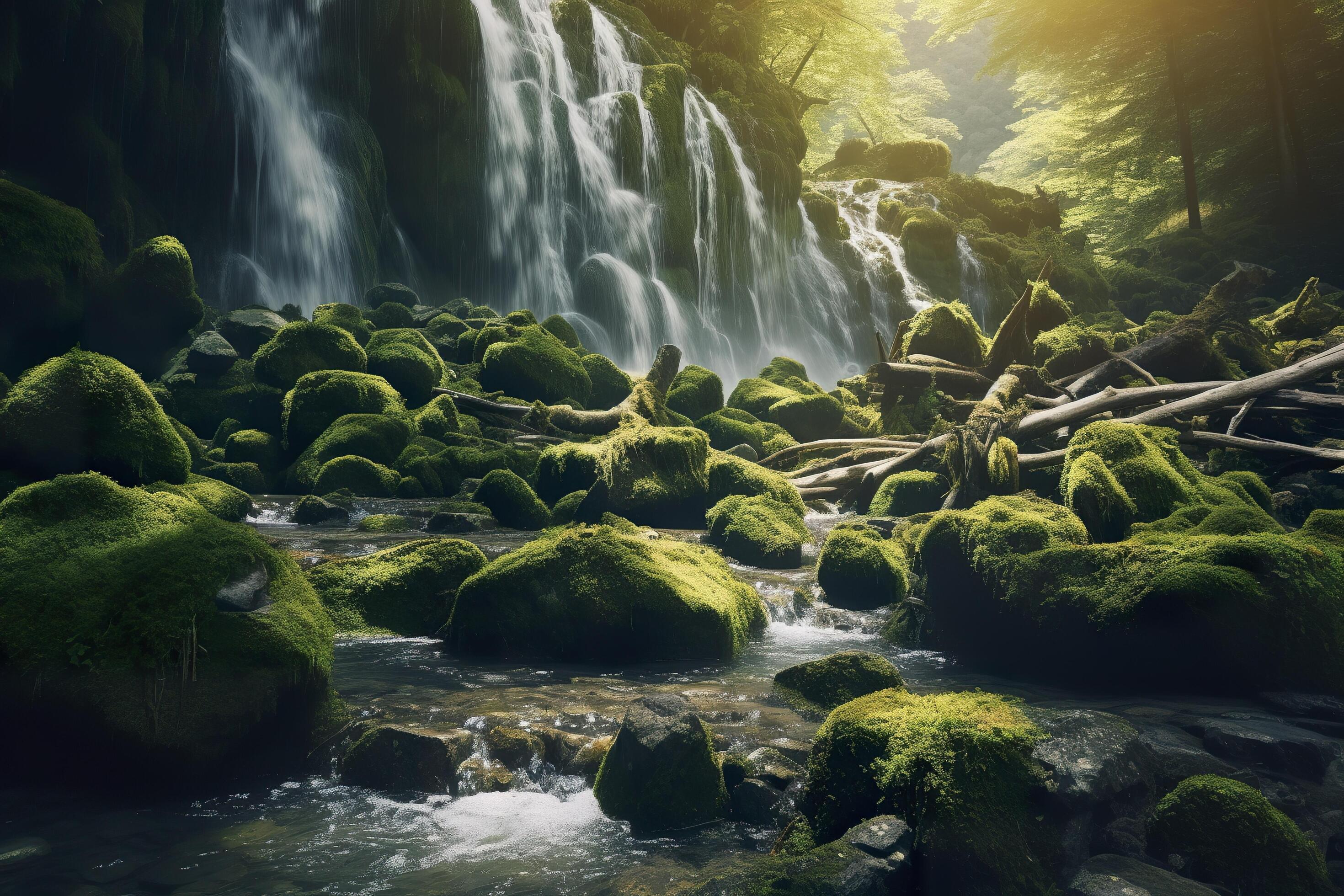 AI generated Waterfall landscape with rocks covered in green moss. AI Generated 35944472 Stock ...