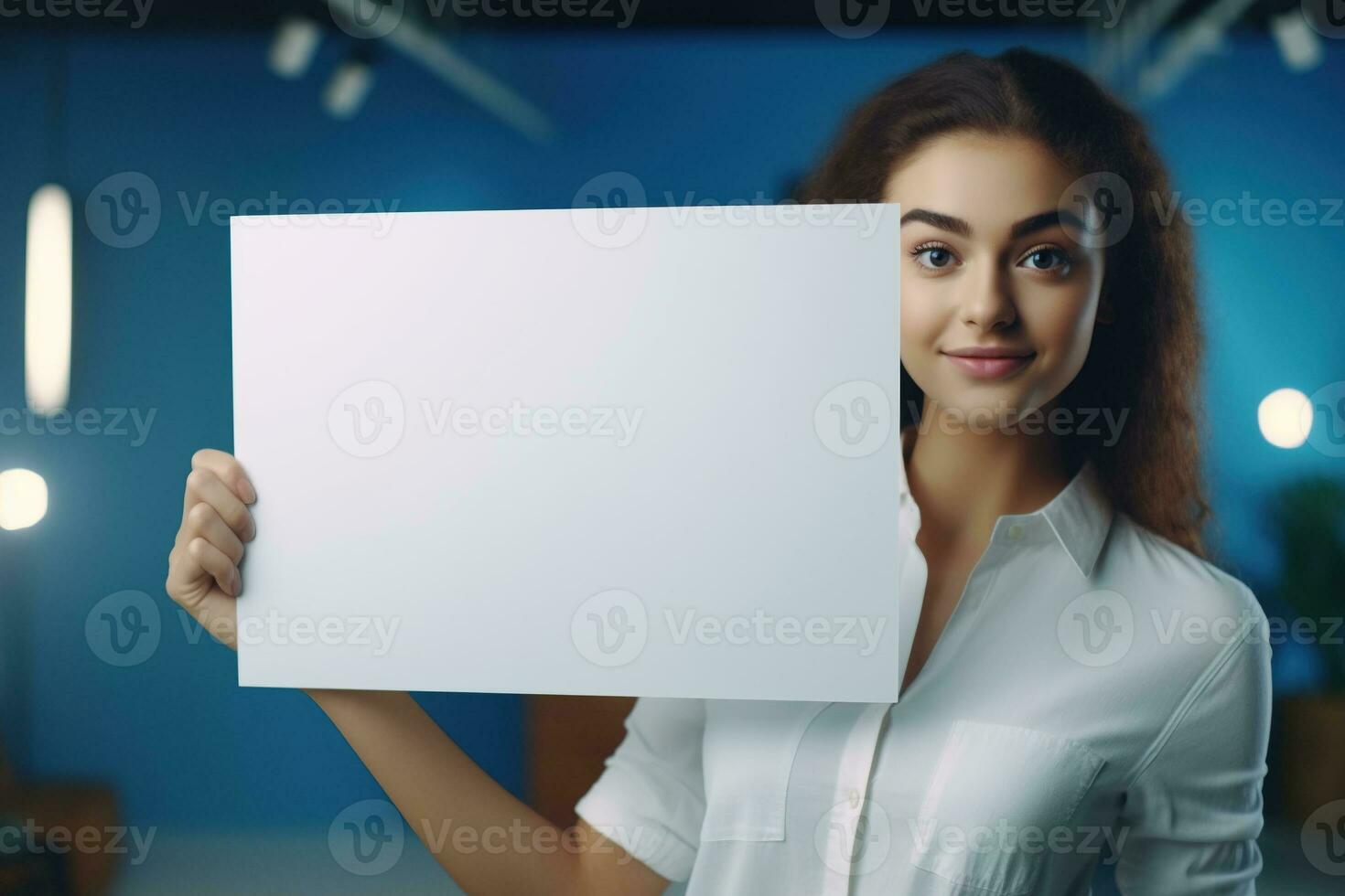 AI generated Cute little girl holding blank white sheet of paper in her ... AI generated Cute little girl holding blank white sheet of paper in her ...