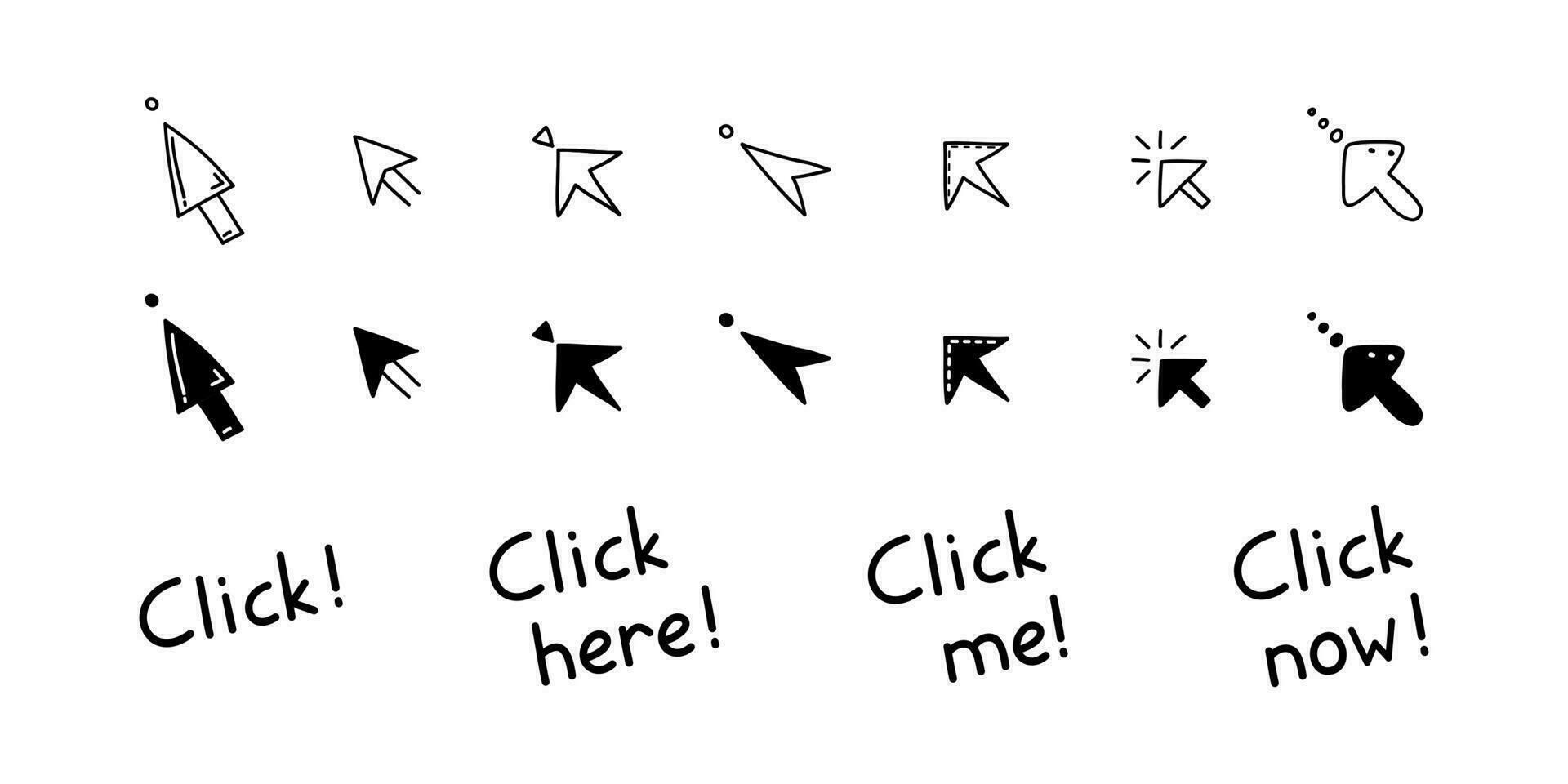 Doodle Click Here Button Set Different Mouse Cursors With Lettering For Website Or Computer