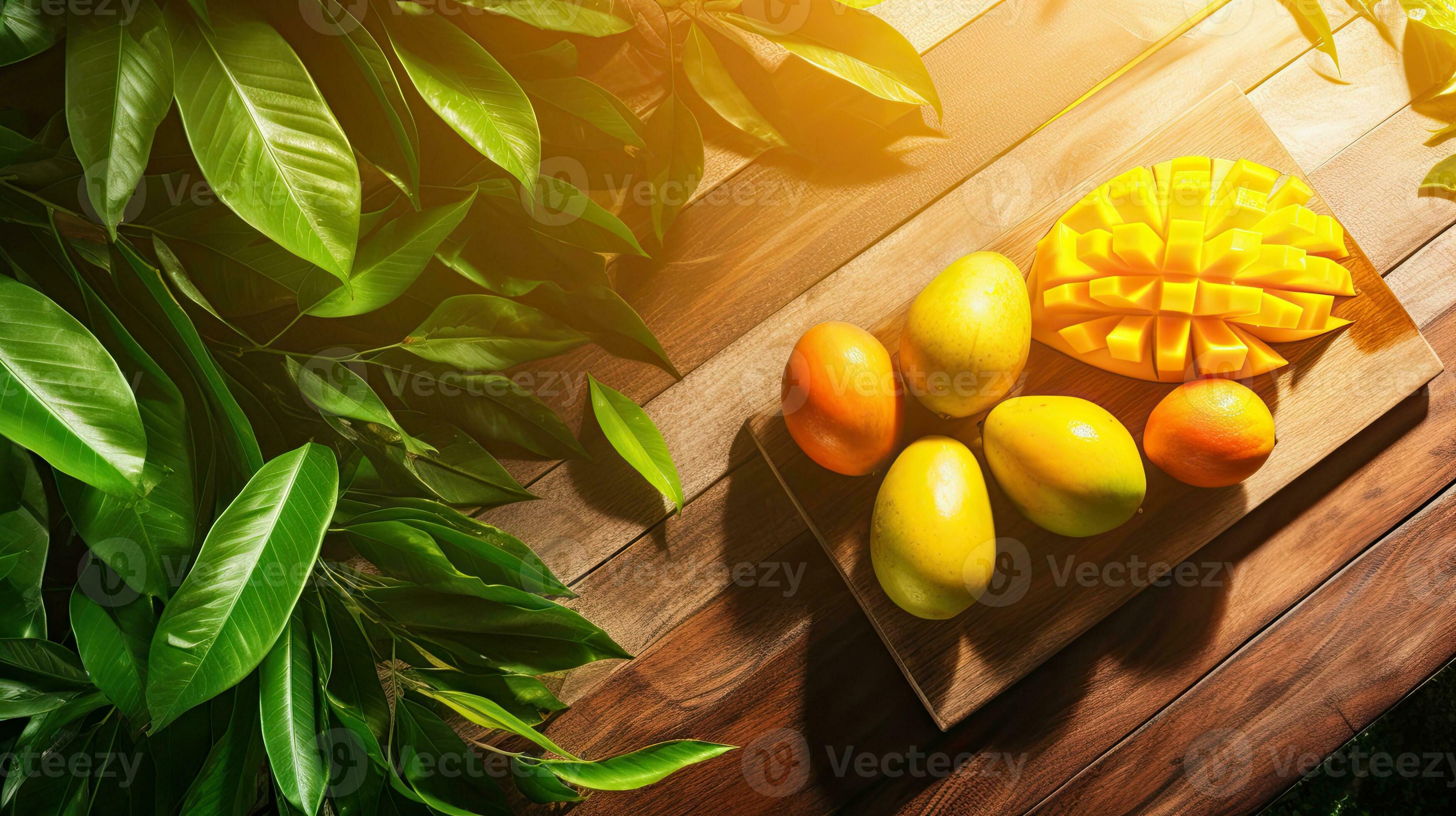 AI generated Portrait mango with leaf on the cutting board with light exposure AI Generative ...